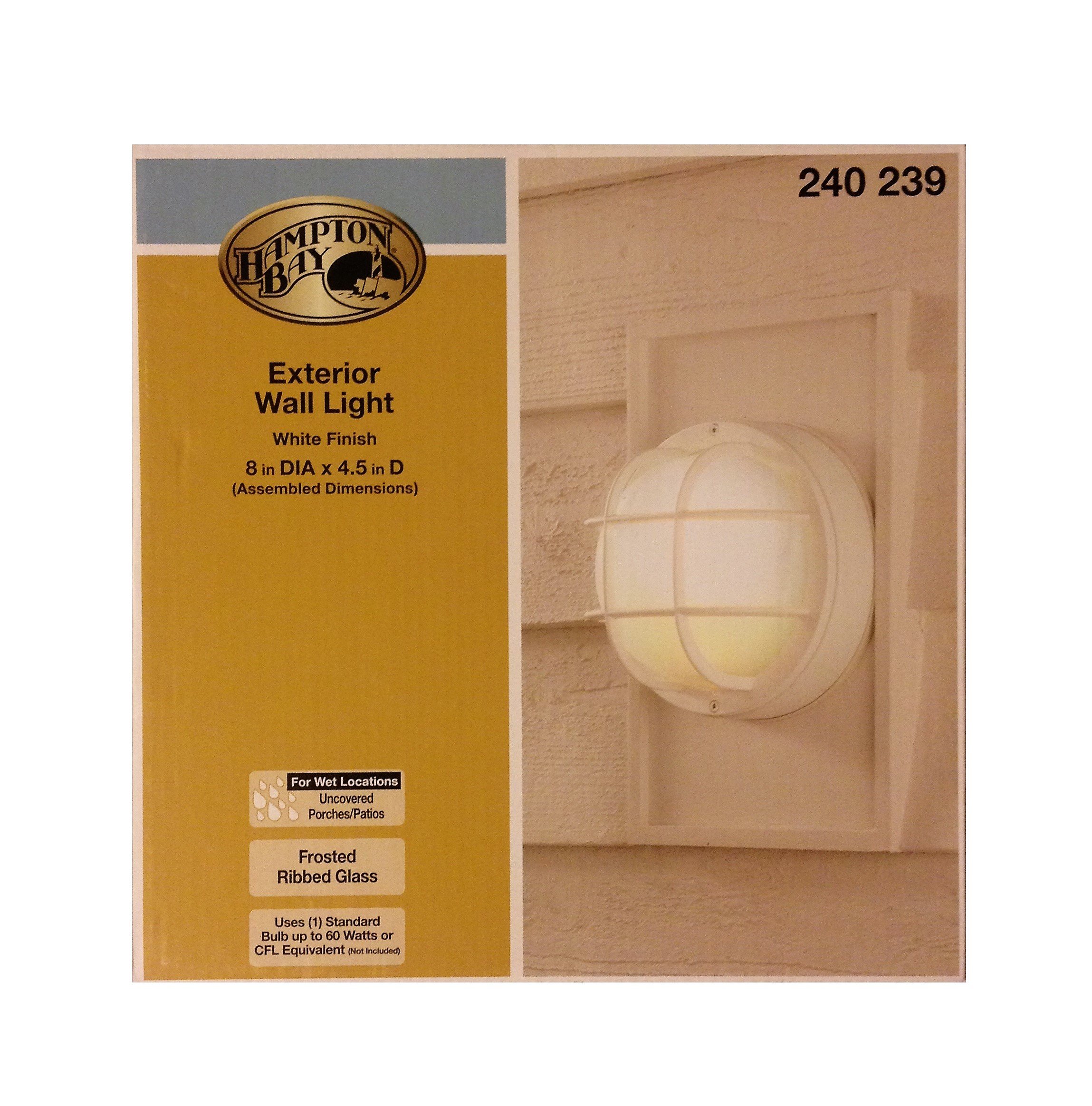 Hampton Bay White Finish 8 Inch Round Exterior Wall Light, Frosted Ribbed Glass - 1 Light