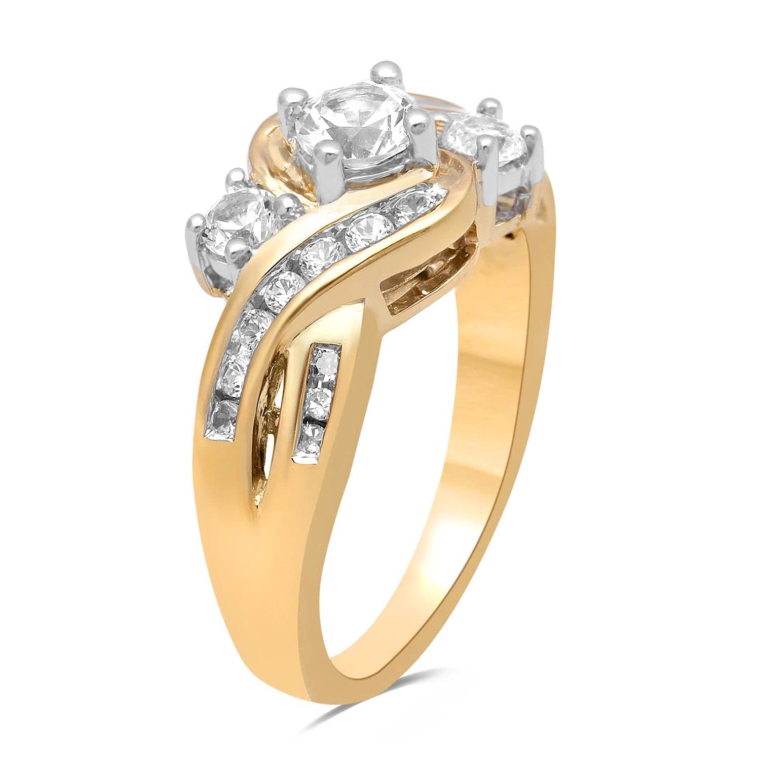 Jewelili 14K Yellow gold over Sterling Silver 3 Stone Round Created White Sapphire and Natural White Round Diamond Accent Ring, Size 6