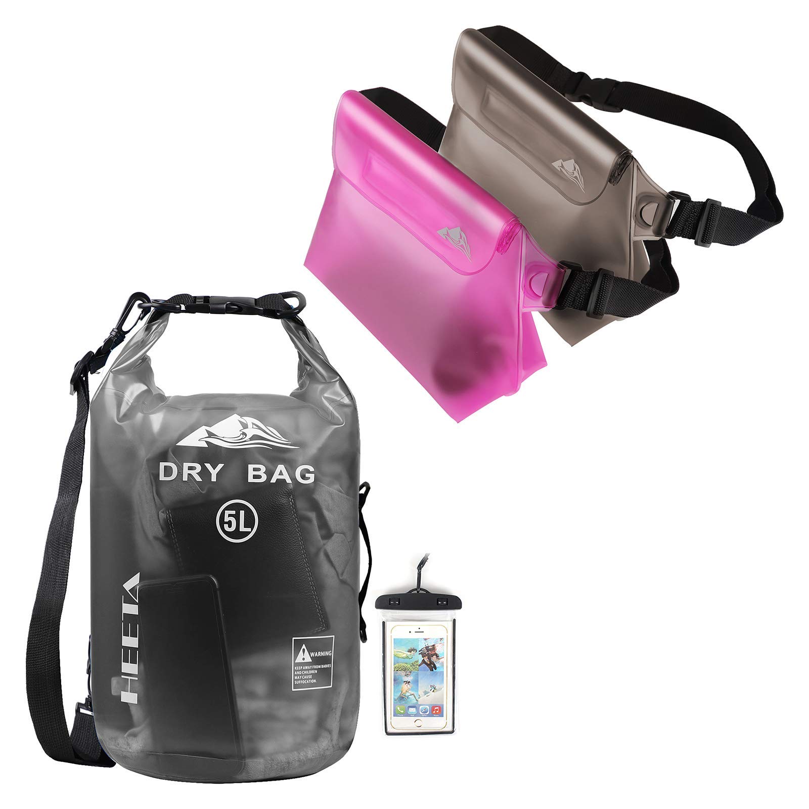 HEETA Waterproof Dry Bag for Women Men Transparent Black 5L Bundle with 2-Pack Waterproof Pouch with Waist Strap