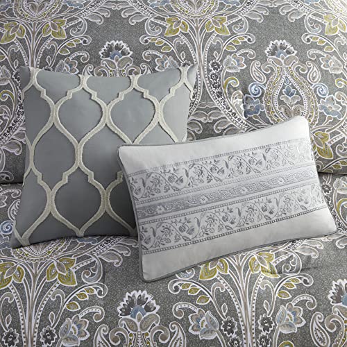 Harbor House Cozy Cotton Comforter Set - Classic Modern Design, All Season Down Alternative Casual Bedding, Matching Shams, Hallie, Damask Grey King(110"x96") 6 Piece