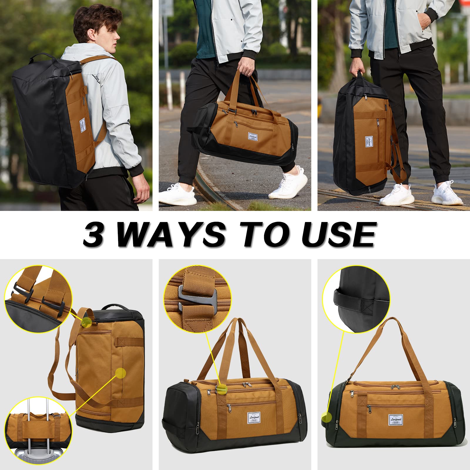 Laripwit Travel Duffle Bag for men 40L Medium Sports Gym Bag with Wet Pocket & Shoes Compartment Weekender Overnight Backpack for Traveling Duffel Bag Backpack for Women, Brown