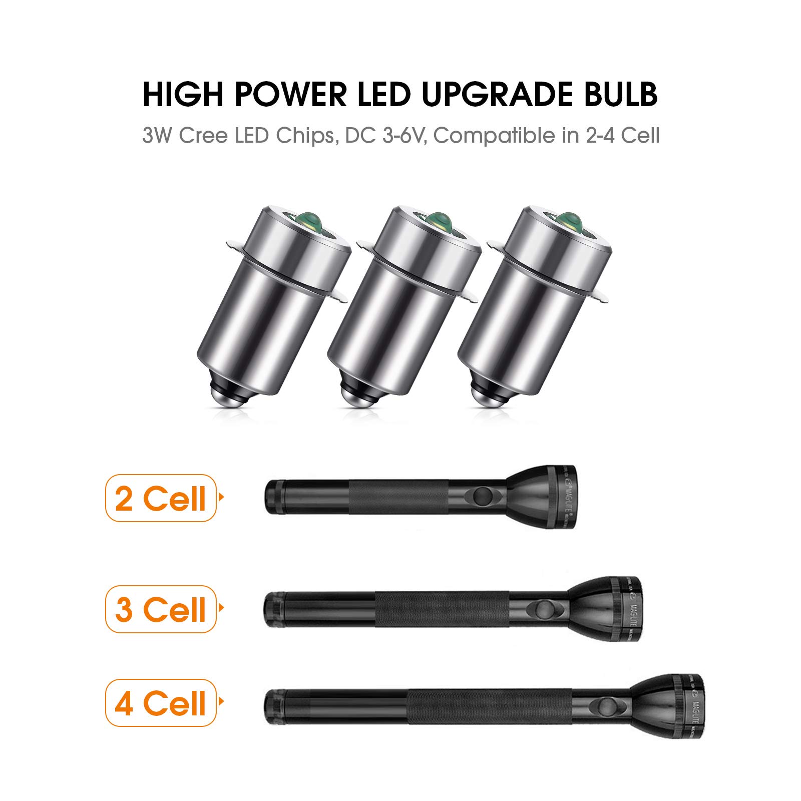 Honoson 3 Pieces 3-6V LED Flashlight Bulb Replacement Bulb 3W DC3V P13.5S LED Flashlight Bulbs Replacement