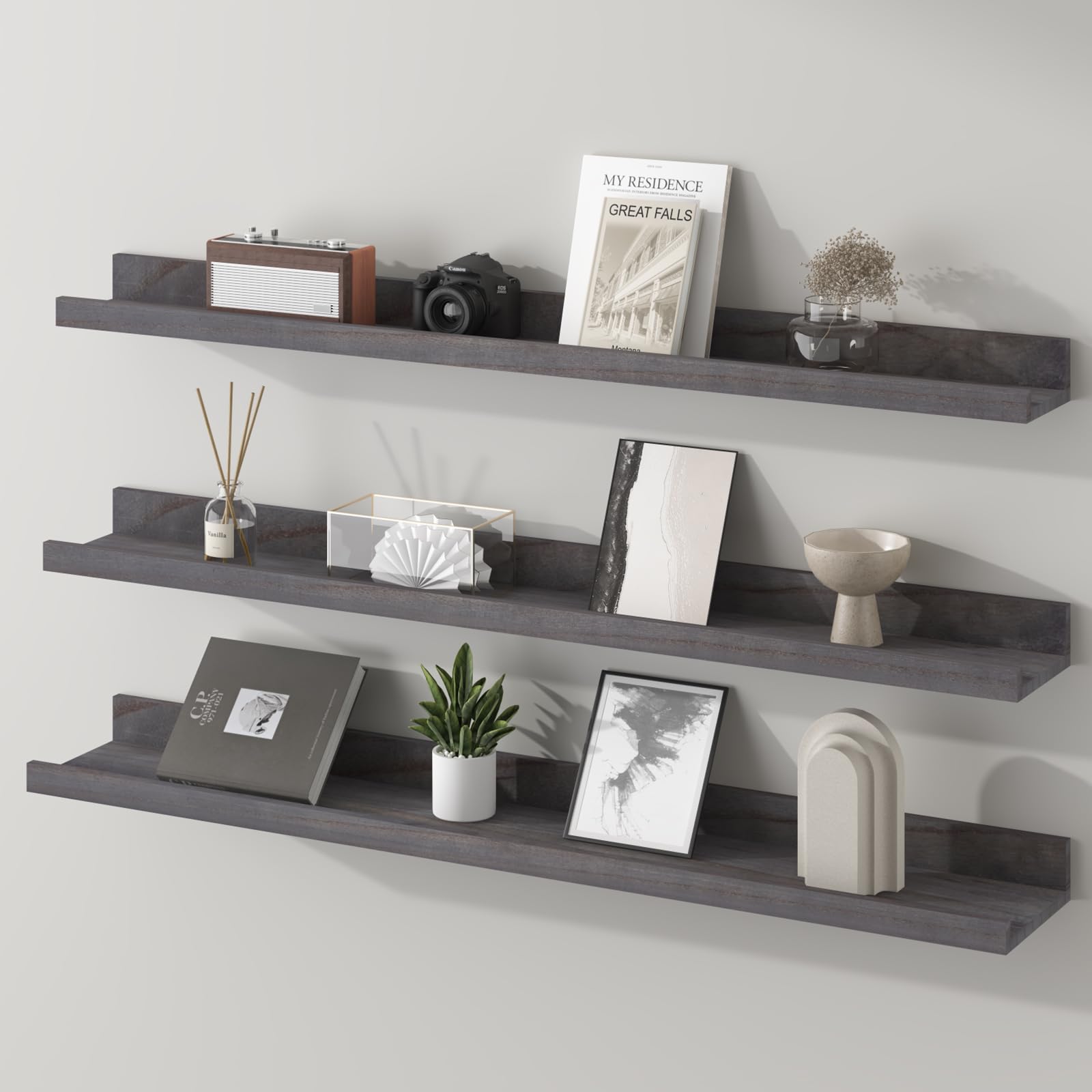 SAUMONIERES Picture Ledge Shelf Floating Book Shelves 36 Inch Set of 3 Wall Mounted Solid Wood for Bedroom Living Room Kitchen Rustic Grey
