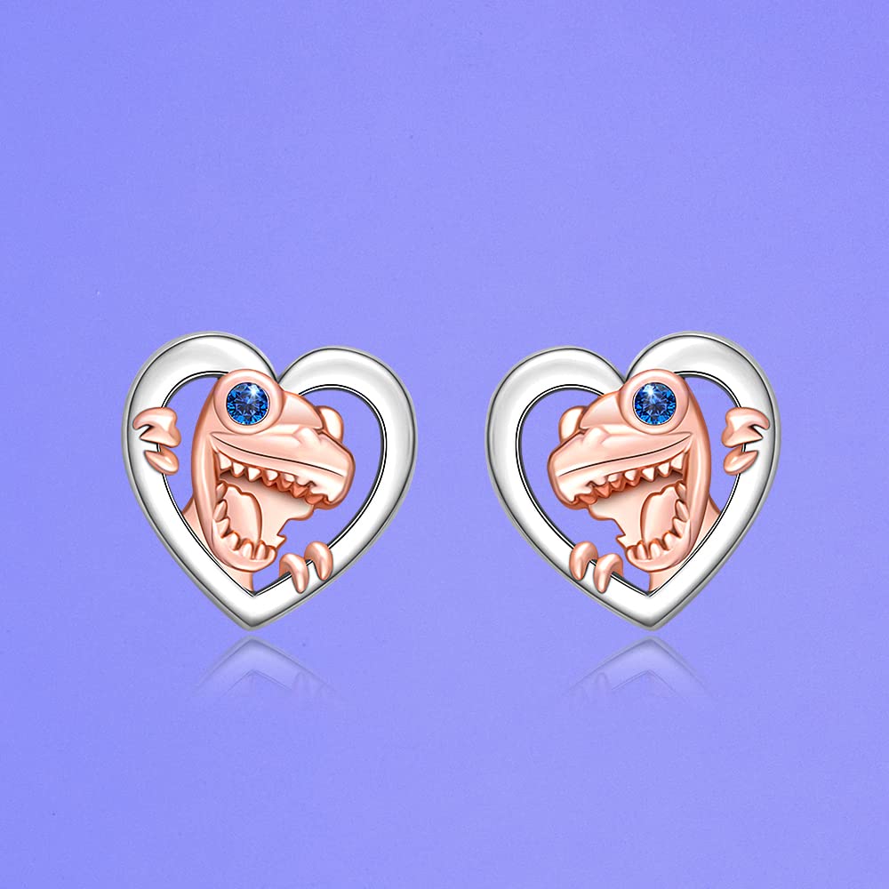 Heart Dinosaur Earrings Sterling Silver Studs for Cute Crystal Sapphire Jewelry Women's Statement Hypoallergenic Animal Valentine Gift