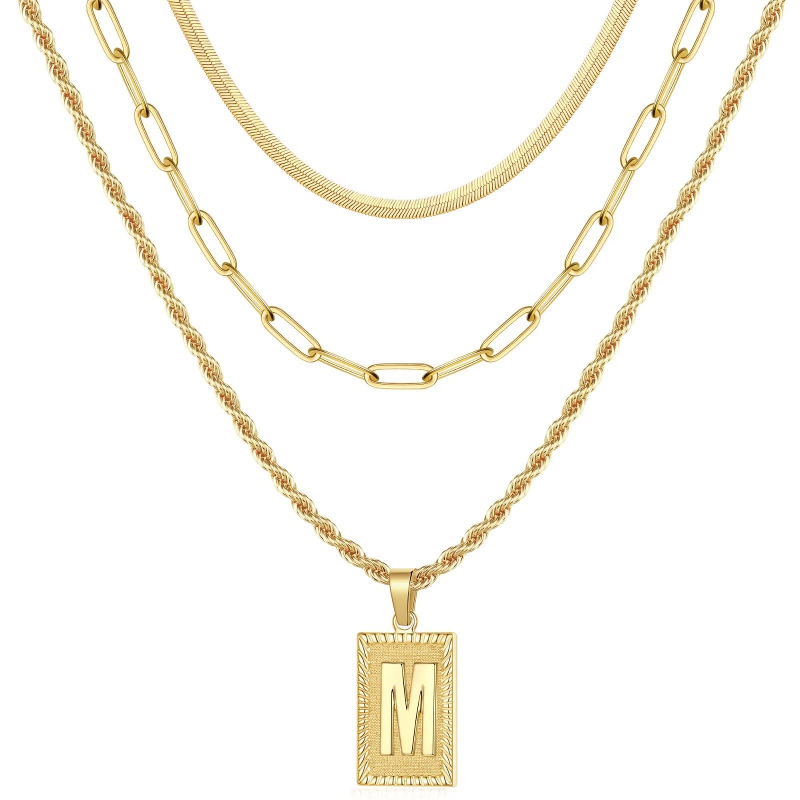 Layered Initial Necklaces for Women, 14K Gold Plated Layering Snake Choker Necklace Paperclip Chain Necklace Square Letter M Initial Necklace Gold Layered Necklaces for Women Gold Necklaces for Women