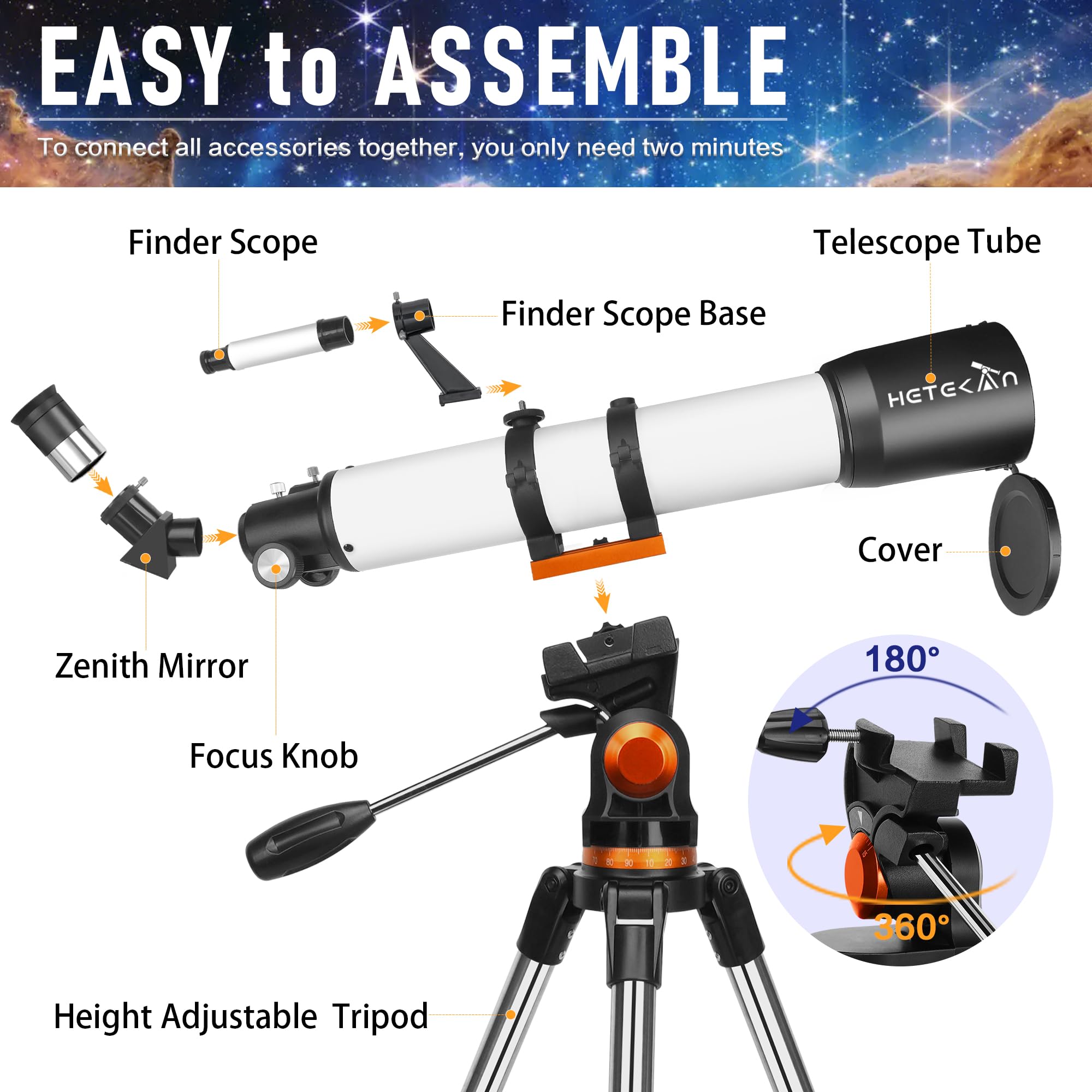 Hetekan Telescopes for Adults Astronomy, Telescope 90mm Aperture 700mm for Adults & Beginners,Refractor Telescope with Tripod, Finderscope and Phone Adapter