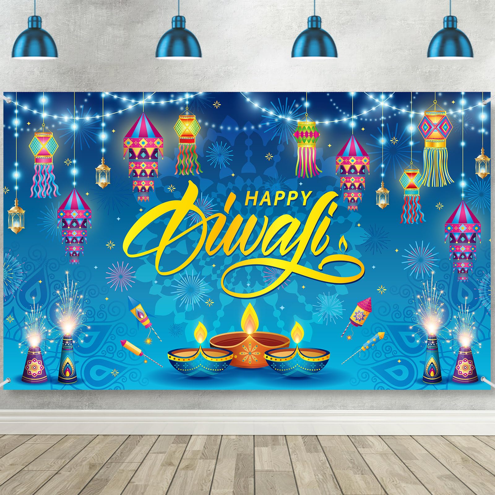 Happy Diwali Backdrop Banner Decorations 73*43 Inch Happy Diwali Banner Rangoli Lantern Photography Deepavali Photography Background for Outdoor Home Indian Festival of Lights Party Supplies(Vibrant)