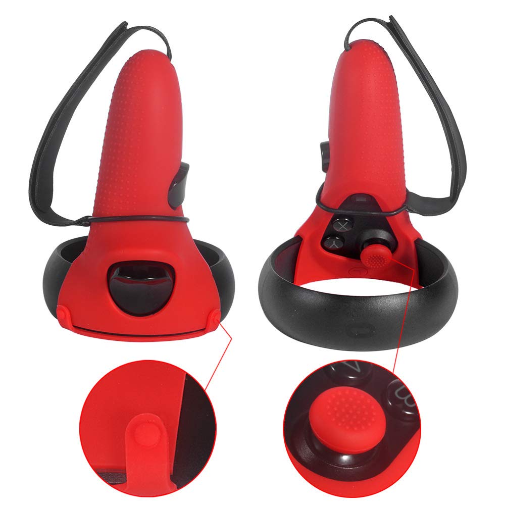 Hooshion 3 Set Handle Non-Slip Silicone Protective Case Joystick Cap Anti-Drop Leather Hand Strap for Oculus Quest/Rift S VR Headset (Red)