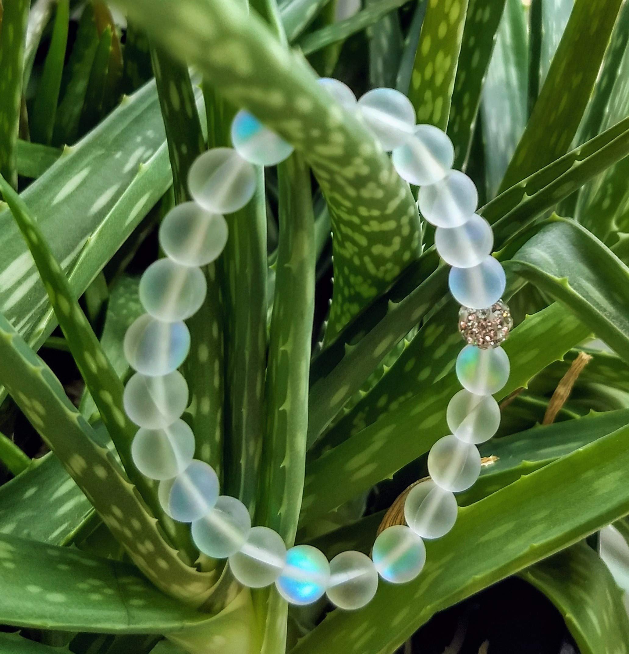 Hope Inspired Mystic Mermaid Glass Friendship Bracelet with 8 mm Frosted White Glowing Moonstone Beads
