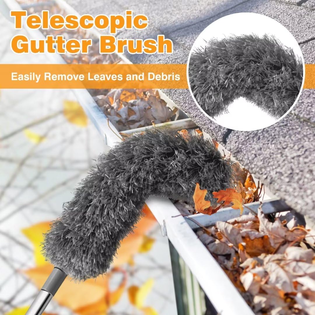Gutter Cleaning Brush Roofing Tool with Telescopic Extendable Telescopic Pole 8.2ft Guard Cleaner Tool Easy Remove Leaves and Debris from The Groun Gray