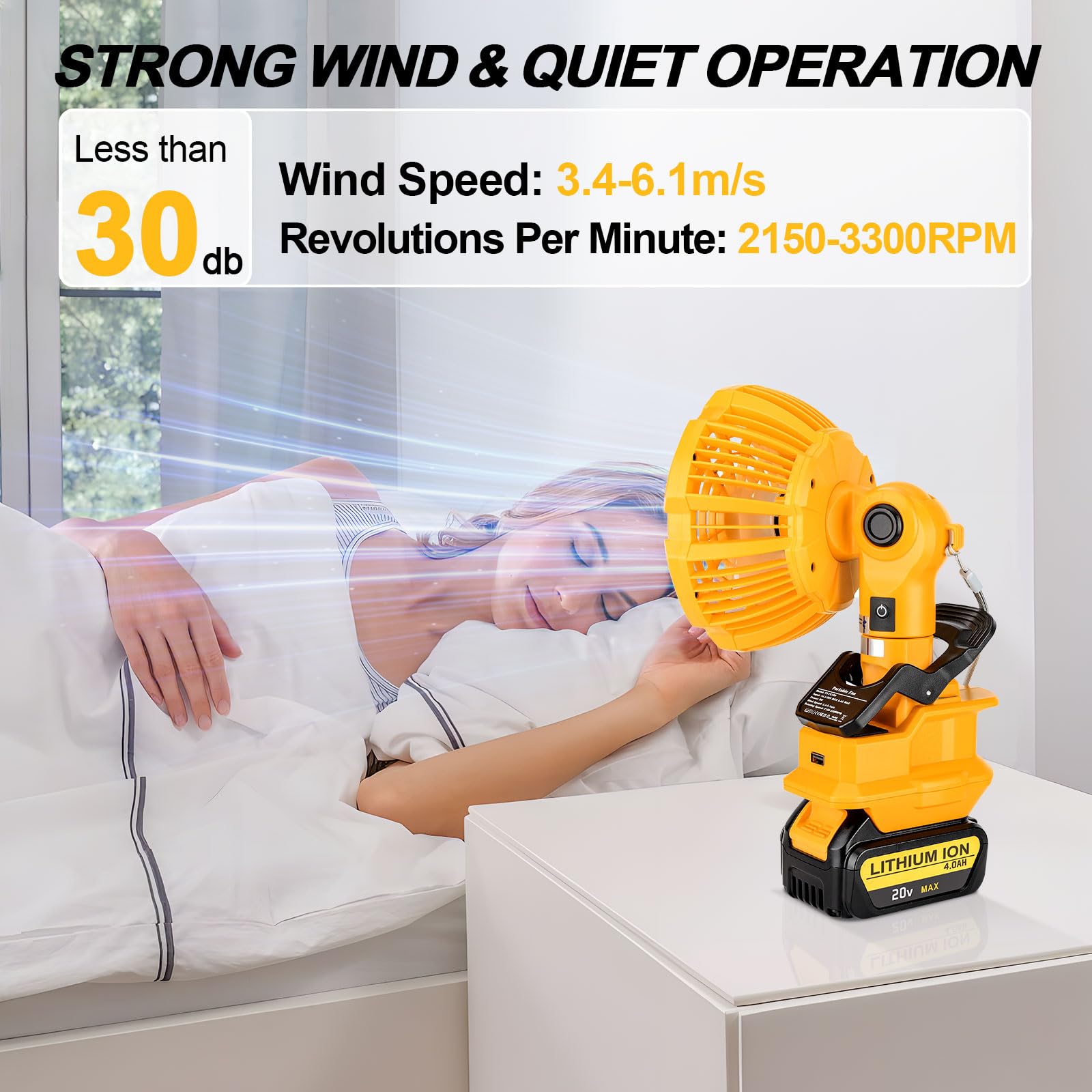 Philophca Cordless Clip Fan, Personal Battery Operated Fan for Dewalt 20V Lithium Battery 3 Speed Camping Fan with USB Port 330° & 110° Pivoting Rechargeable Fan Powerful Wind