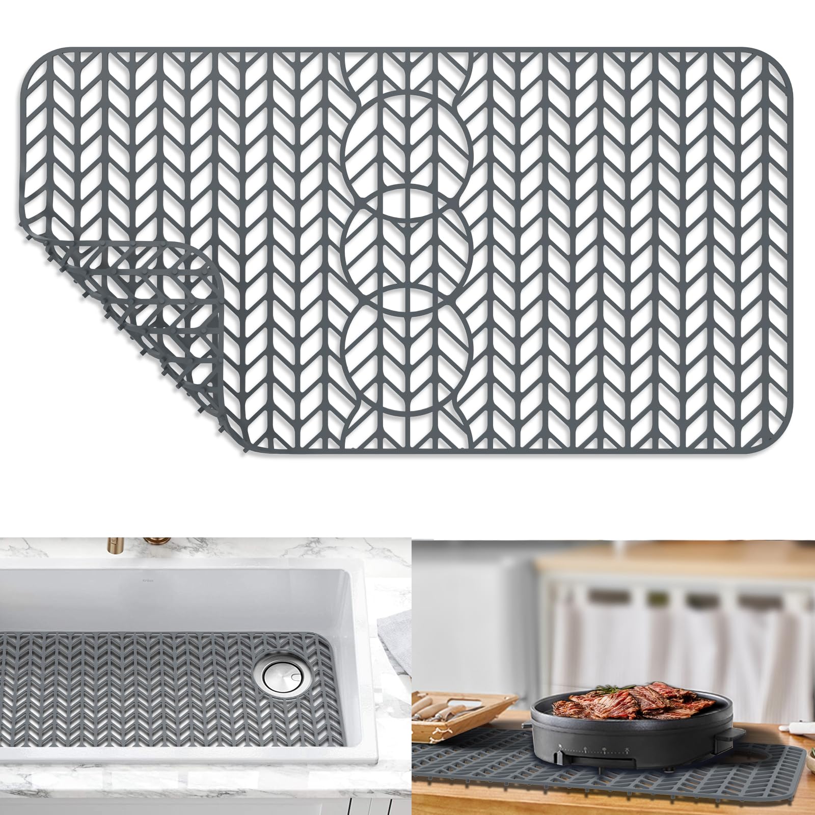 GUUKIN Sink Protectors for Kitchen Sink - 29"x 15.35" Silicone Kitchen Sink Mat Grid for Bottom of Farmhouse Stainless Steel Porcelain Sink with 3 Reserved Holes(Grey)