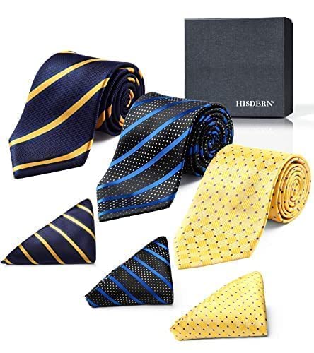 HISDERN Mens Ties Set Extra Long Ties and Pocket Square Set Navy Blue Yellow Necktie Handkerchief 63 Inch XL Silk Neckties Collection 3 Pack Wedding