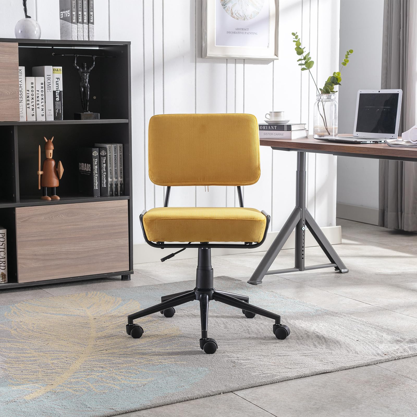 HEAVYSEVEN Office Desk Chair, Modern Corduroy Office Chair, Adjustable Swivel Home Task Chair, Mid-Back Cute Upholstered Armless Computer Chair with Wheels for Bedroom Studying Room Vanity Room