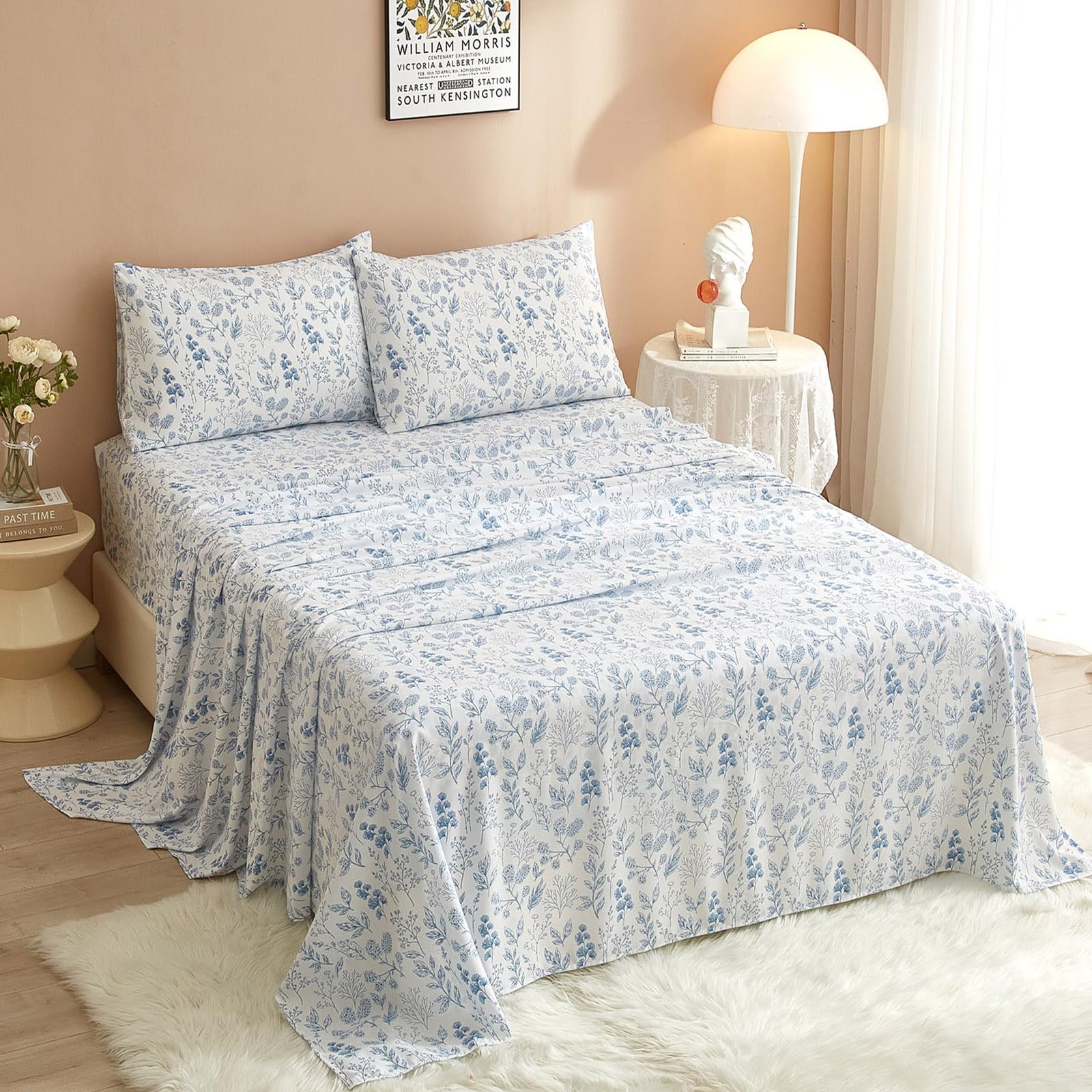 HighBuy Blue Floral King Sheets Set 4 Piece Cooling Bedding Sheet Set - Soft White Deep Pocket 16" - Easy Soft Fitted Sheet King Boho Floral,Flat Sheet,2 Pillowcases Set,Wrinkle Resistant