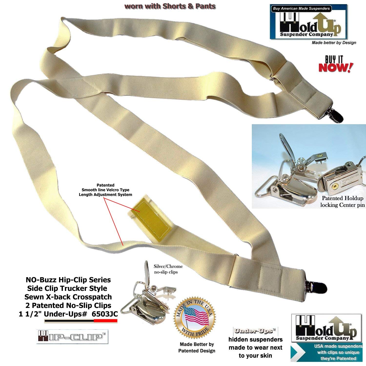 Holdup Hip-Clip Style Under-Ups Tan 1 1/2" Suspenders for Men with the USA Patented Metal "No-Slip" Clip
