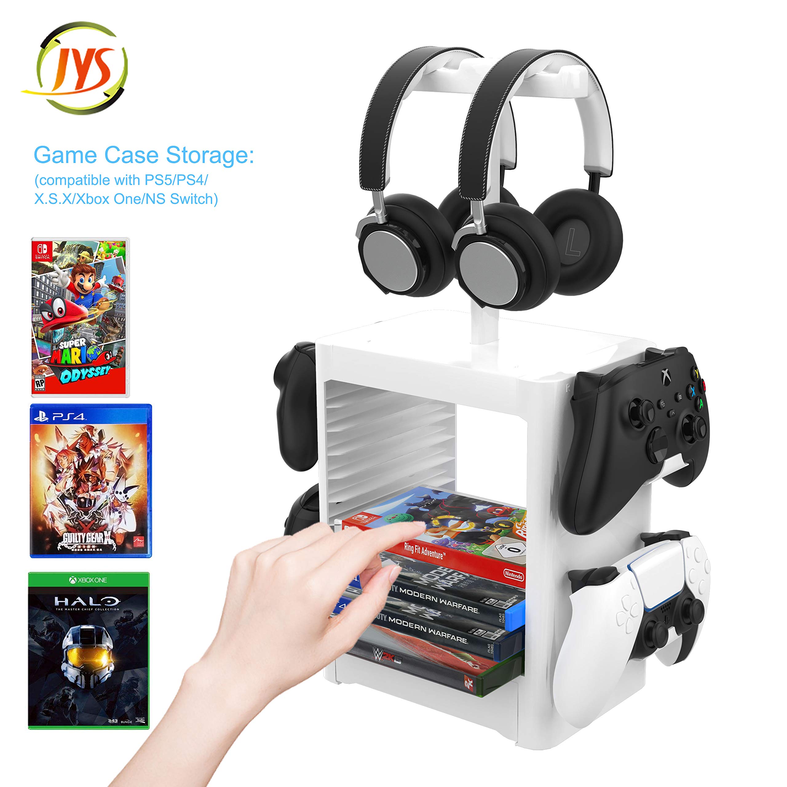 Headset Storage Tower and Game Organizer (up to 10 Games) Compatible with PS5 PS4 Playstation/Xbox Series S & X/Switch Accessories, Headphones, Game Discs, for Joy Cons, DualSense, Controllers, White