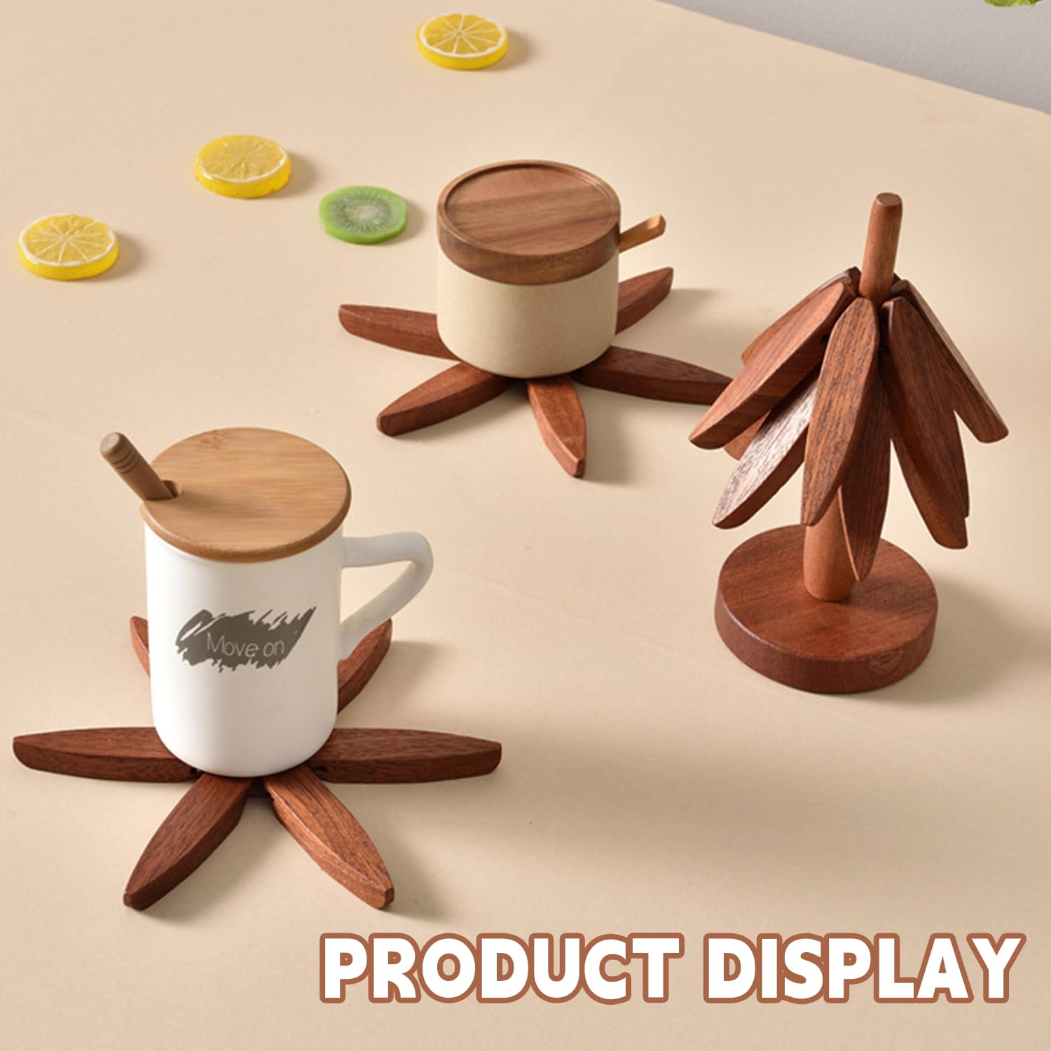 Wooden Trivets for Hot Dishes, Tree Shape Trivet Set,Trivets for Hot Dishes - 4 Wooden Trivets + 1 Stand stored Like a Christmas Tree (Walnut Wood)