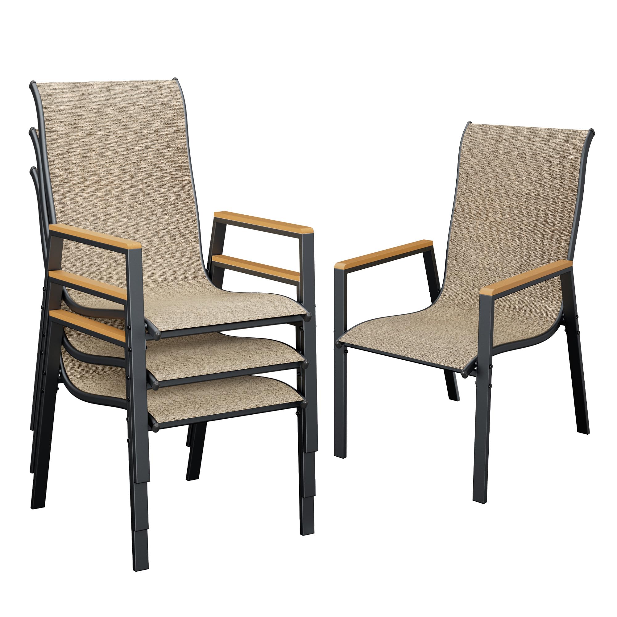 UDPATIO Stackable Patio Chairs Set of 4, Outdoor Stackable Dining Chairs with High Back, Patio Dining Chairs with Armrest for Lawn Backyard Deck, Brown