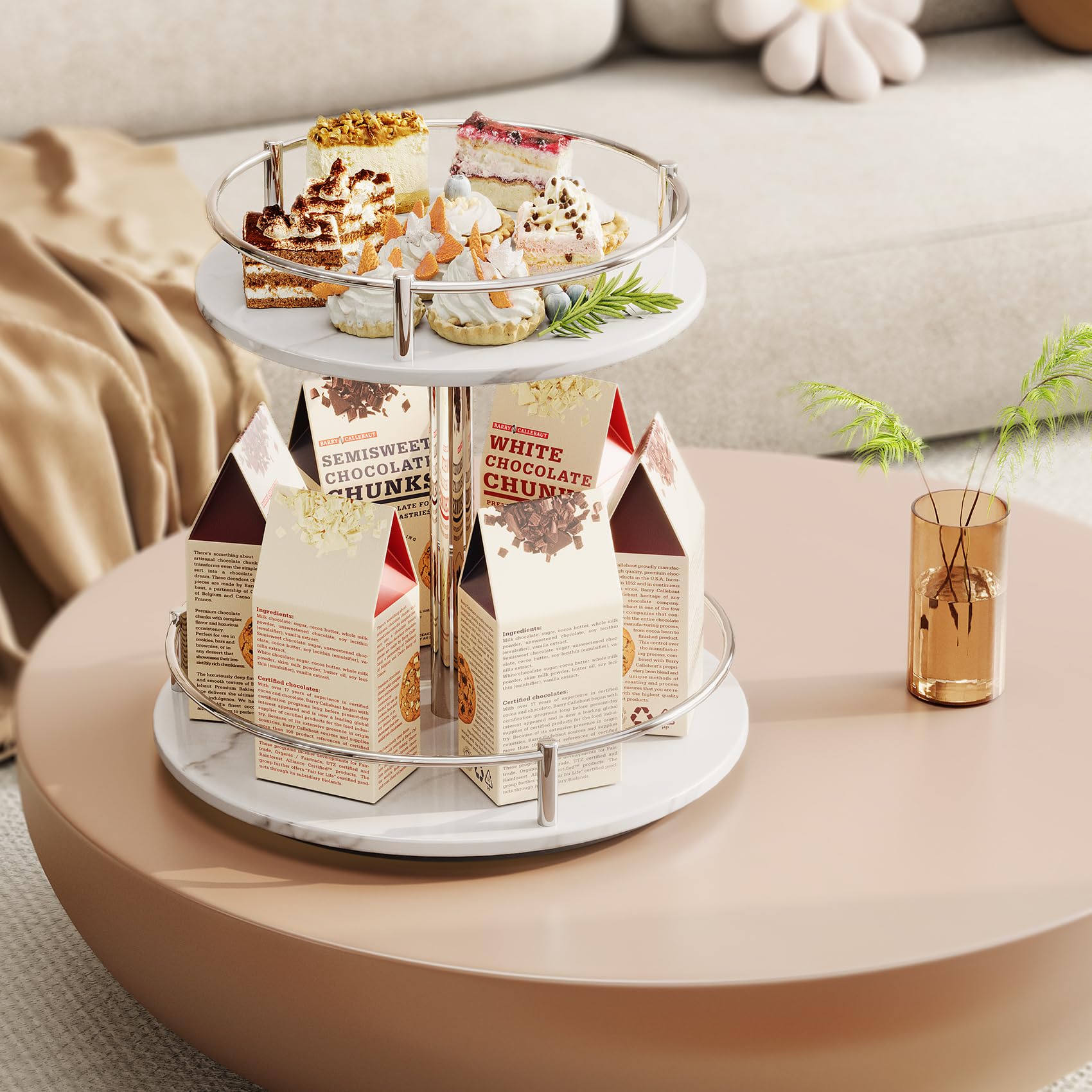 SAYZH Makeup Skincare Organizer for Vanity - 2 Tier Rotating Perfume Cosmetic Display Rack Bathroom Marble Tray Organizer, White