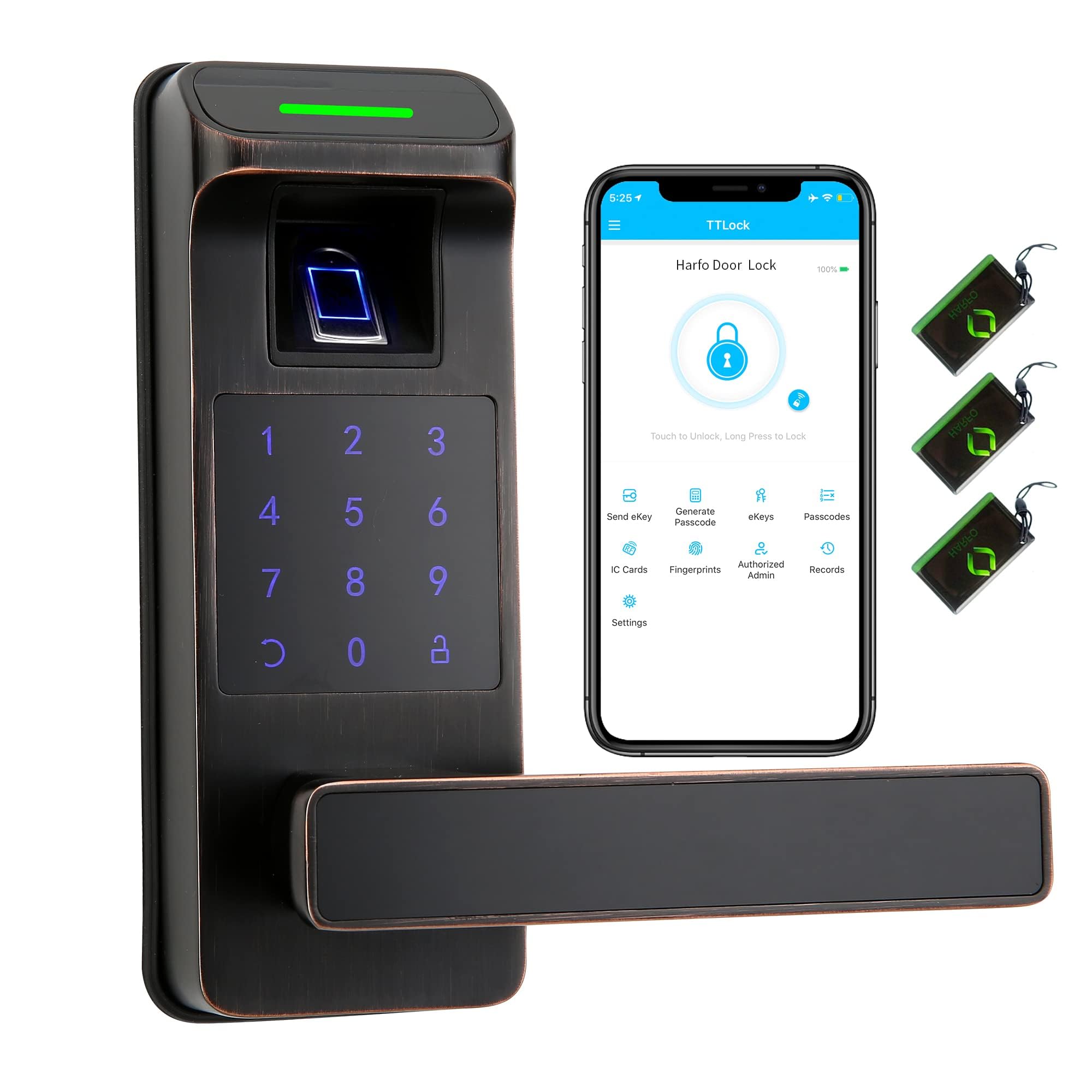 HARFO Fingerprint Door Lock with Touchscreen and OLED Display, Keyless Entry Door Lock with Keypad, Door Level, Passcode Door Lock for Office Home (Aged Bronze)