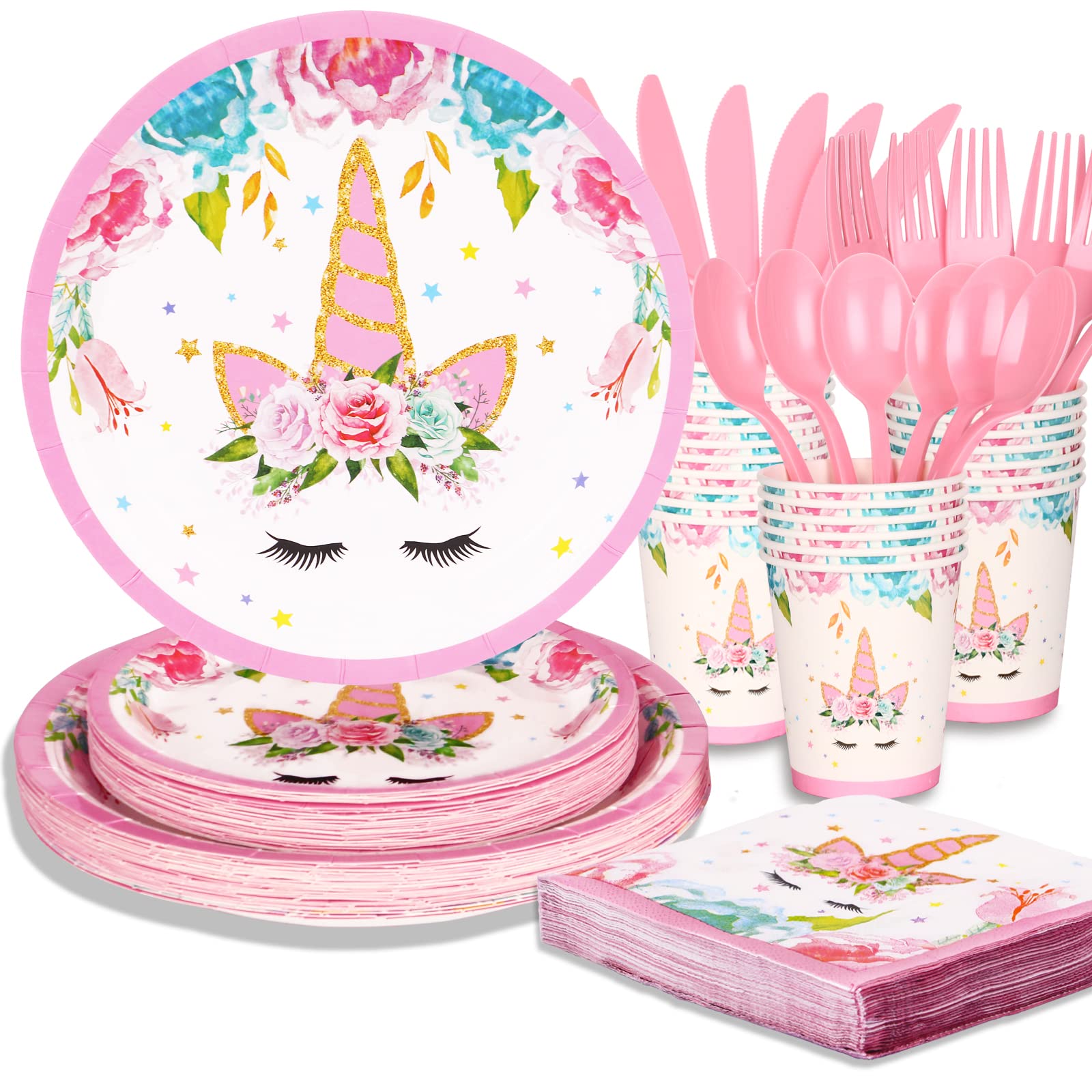 Gudvilla Birthday Decorations for Girls, 168 Pcs Pink Birthday Plates and Napkins Party Supplies, Girl Birthday Party Plates for 1st 2nd 3rd 4th 5th Girl Birthday Decorations, Serves 24 Guests