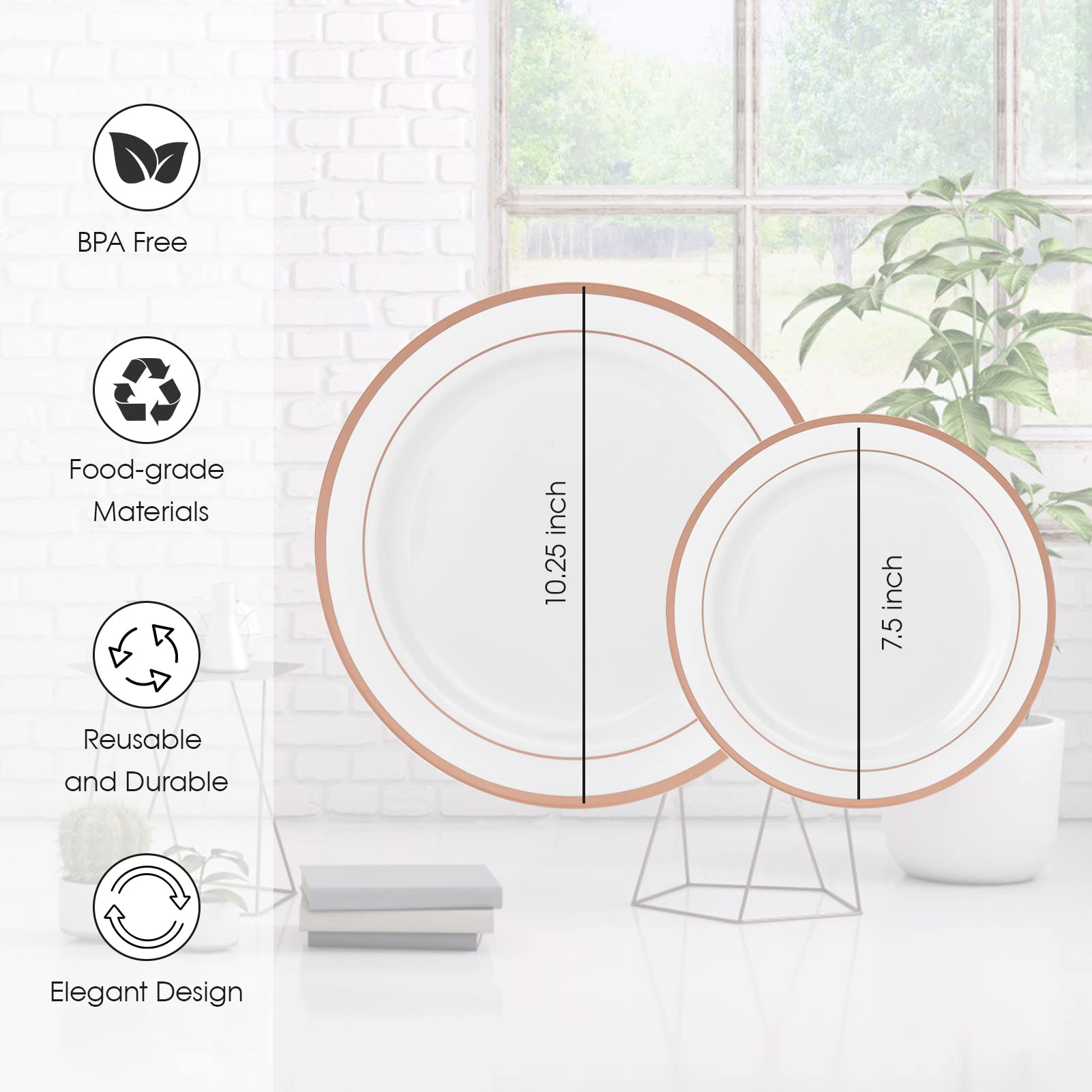 HONOVA 100Pack Plastic Plates-50 Dinner Plates and 50 Salad Plates, Heavy Duty Plastic Plates with Rose Gold Rim for Party, Wedding, Dinner