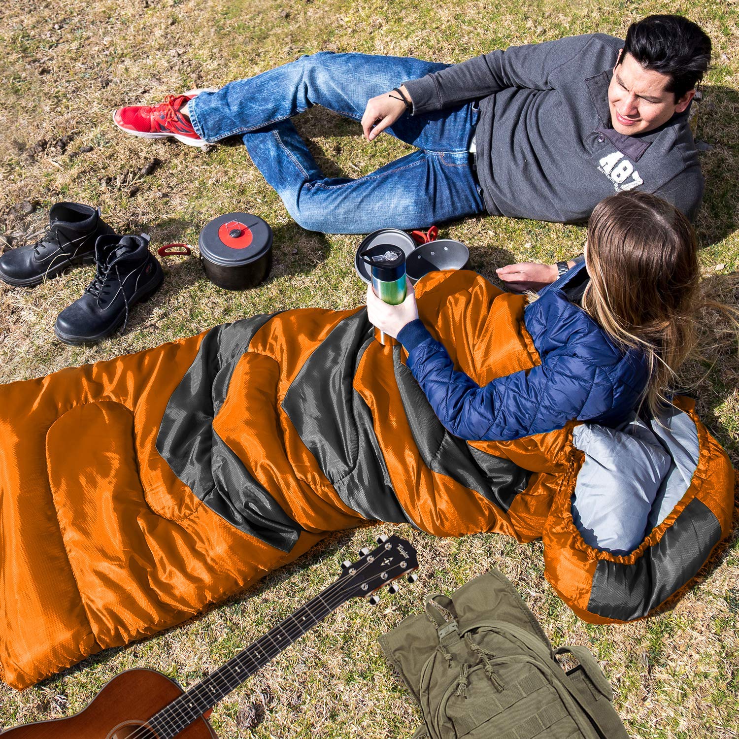 HiHiker Camping Sleeping Bag + Travel Pillow w/Compact Compression Sack – 4 Season Sleeping Bag for Adults & Kids – Lightweight Warm and Washable, for Hiking Traveling. (Orange)