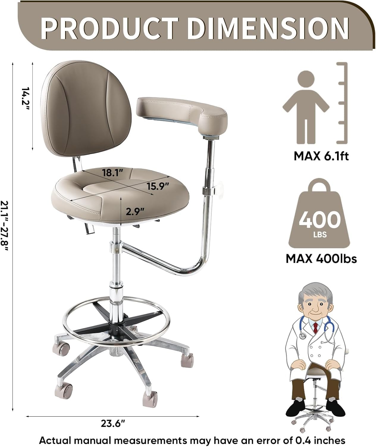 Viviange Ergonomic Dental Saddle Stool - Adjustable Rolling Dentist Chair with Back Support for Hygienists, Assistants - Medical Office & Salon Use -Grey