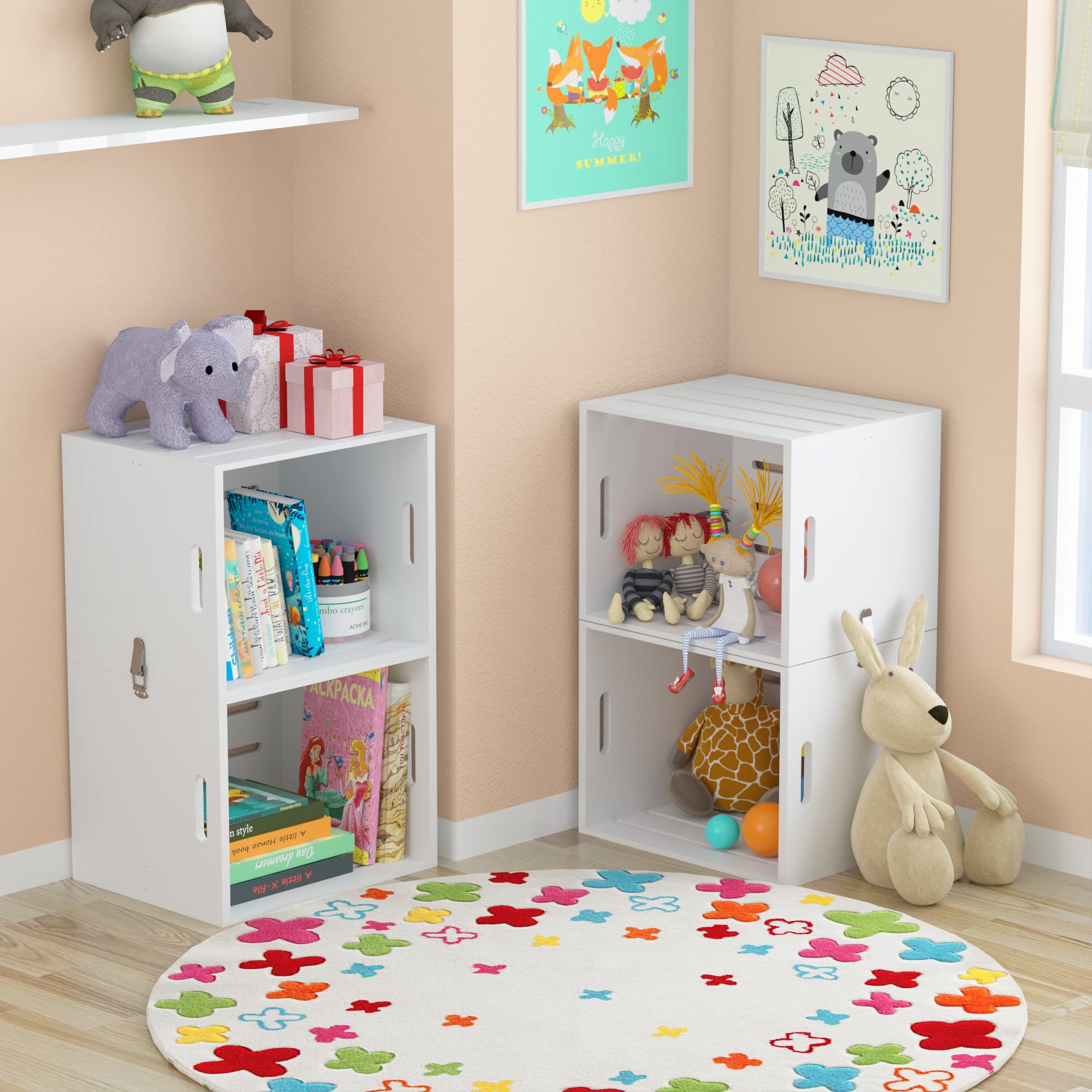 Timy 4-Tier Adjustable Kids Bookshelf Wood Book Storage Toy Storage Organizer Practical Book Storage Rack for Bedrooms Study Rooms Playrooms
