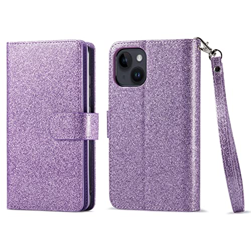 Varikke iPhone 14 Wallet Case for Women - 6.1" Light Purple Glitter PU Leather, Card Holder, Detachable Magnetic Case & Strap