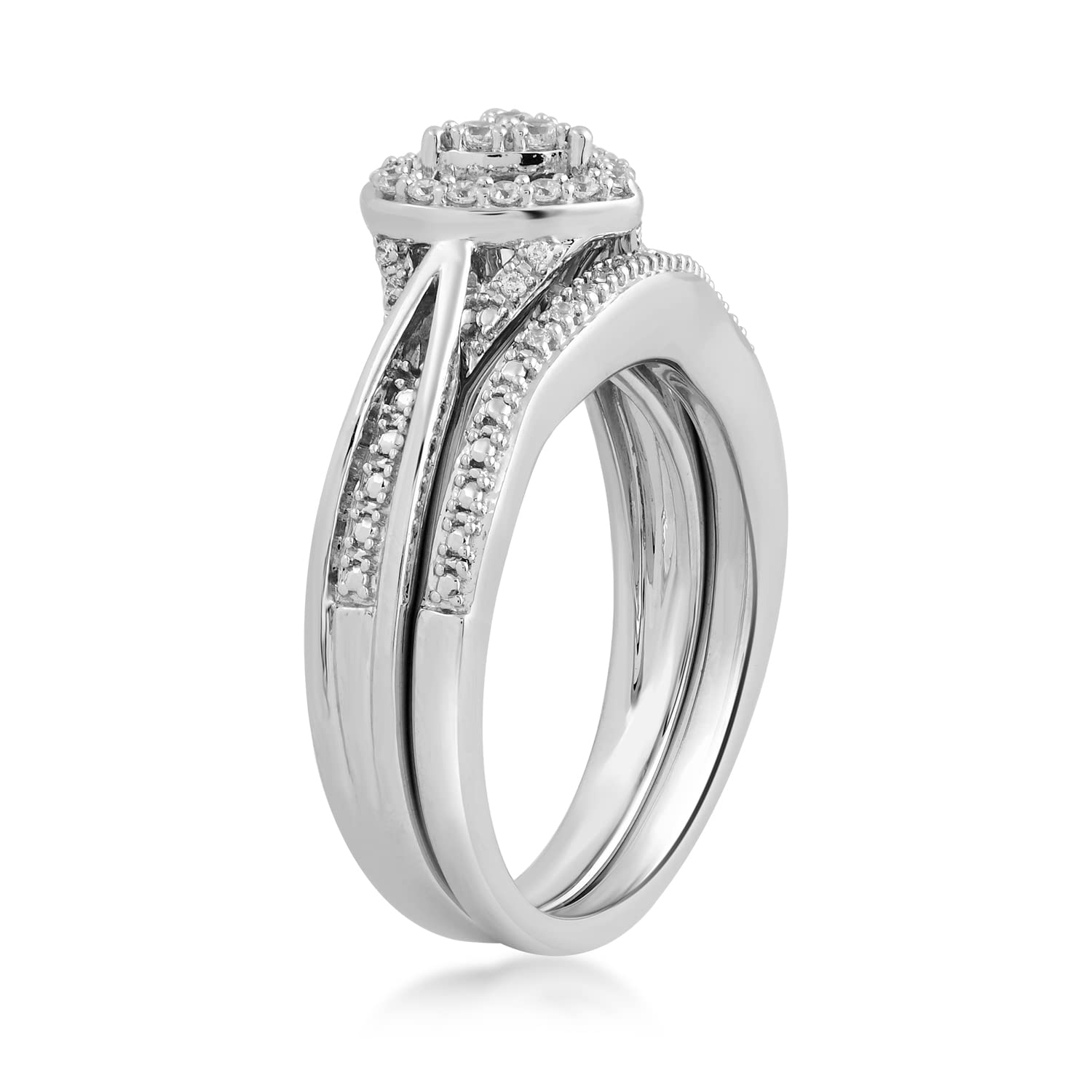 Jewelili Sterling Silver 1/5 Cttw Natural White Round Diamond Heart Bridal Set Engagement Ring, Size 7