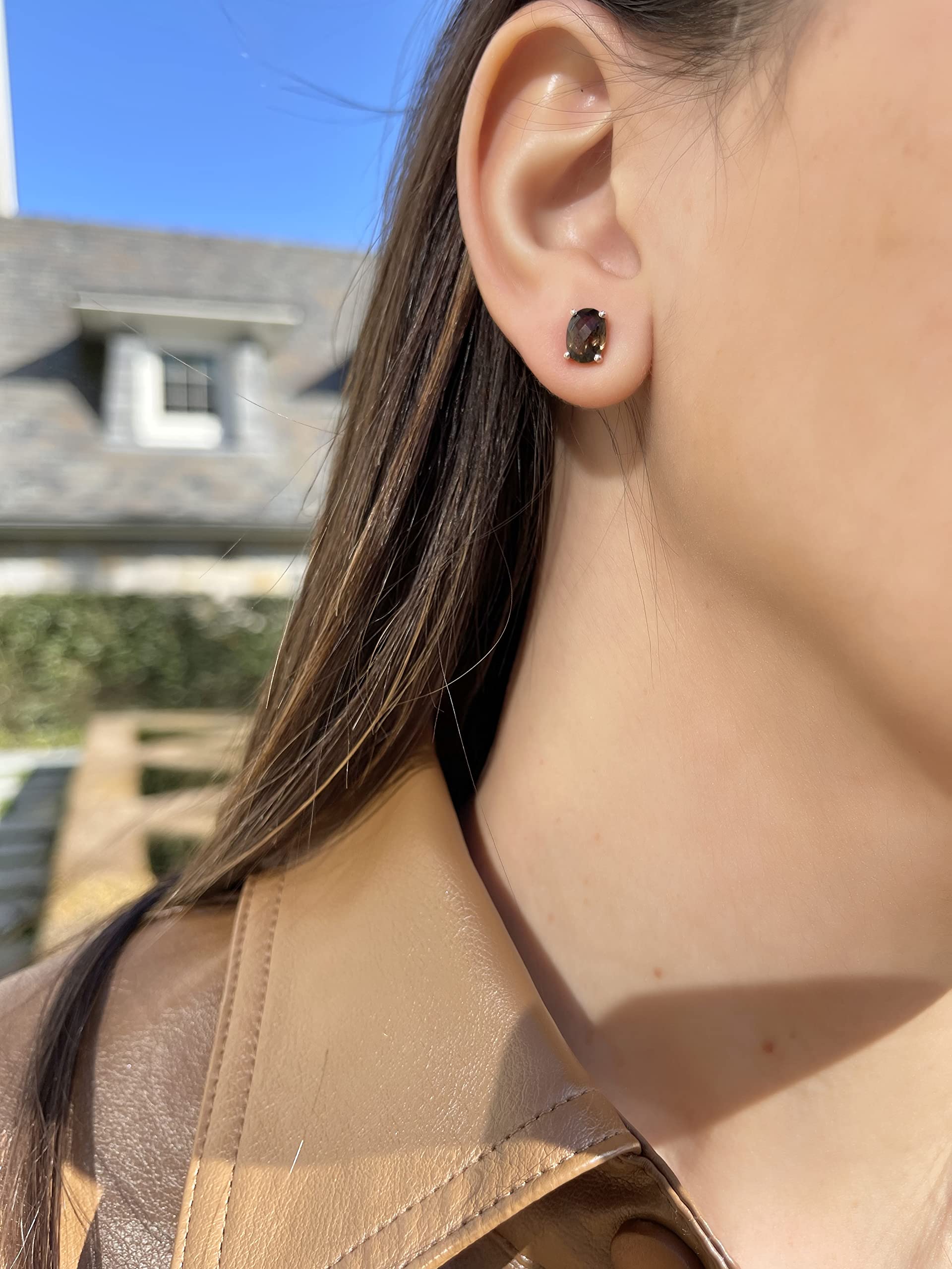 LE VIAN 2 Carat Chocolate Smoky Quartz Oval Stud Earrings for Women in 925 Sterling Silver with Rose Gold Plating and Push Back