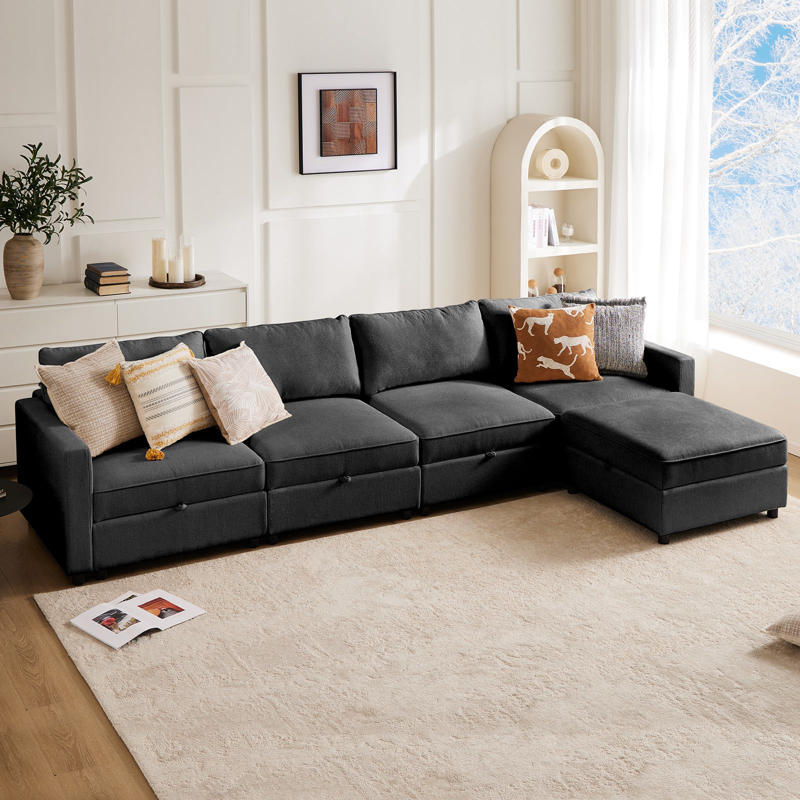 Sweetcrispy Convertible Small Sectional Sofa Couch, 5 Seat 6 Back Sofa Set with Large Storage for Living Room, L-Shaped Modular Sofa Sleeper with Ottoman, Comfy Sofa Couch with Extra Deep Seats, Grey