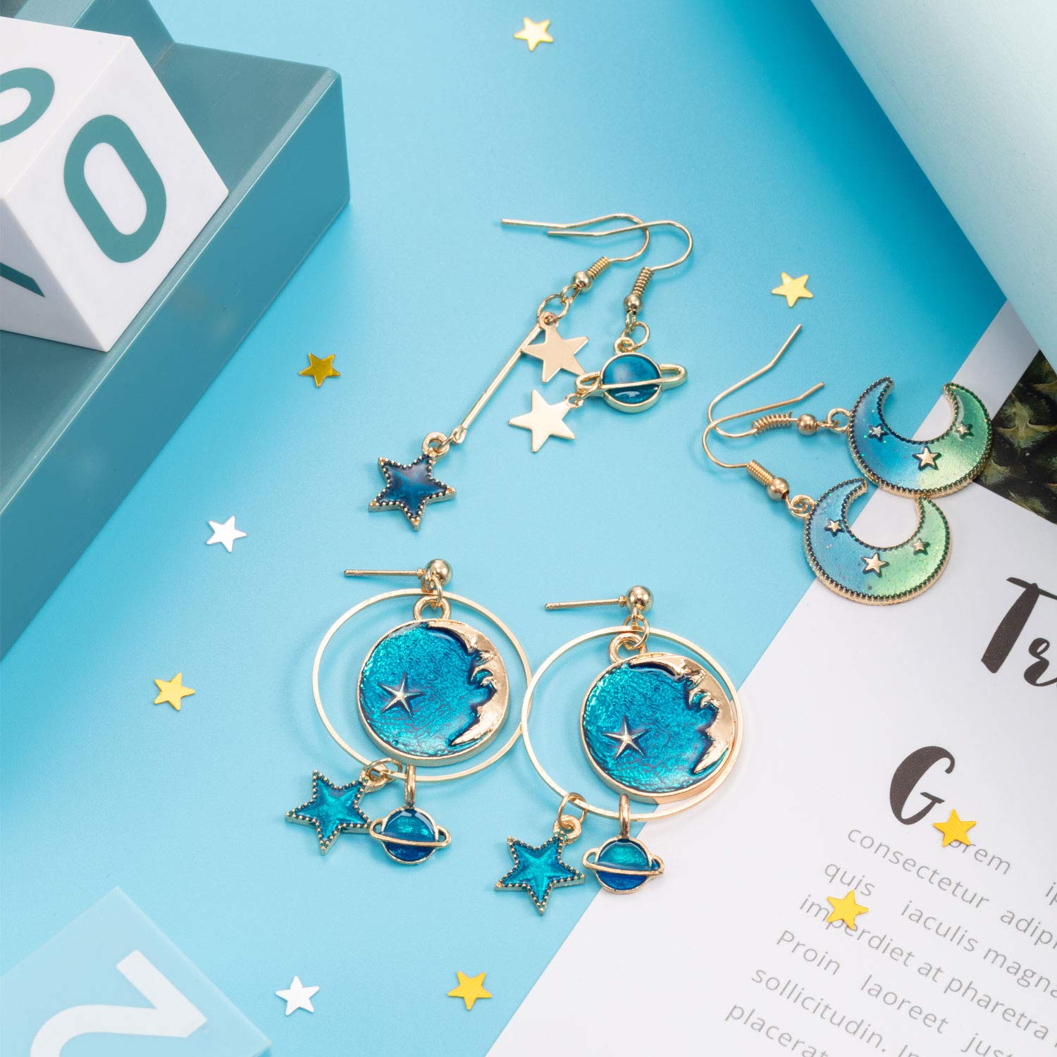 Hicarer 12 Pairs Space Earrings Astronaut Stud Earrings Planet Earrings Dangle Moon Star Asymmetrical Drop Earrings Jewelry for Women