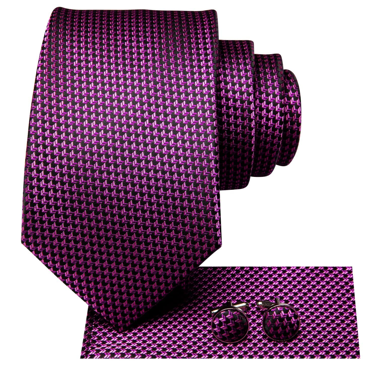 Hi-Tie Mens Purple and Black Ties Set Extra Long Silk Formal Necktie Woven Pocket Suqare Cufflinks Set 63inches for Wedding Business