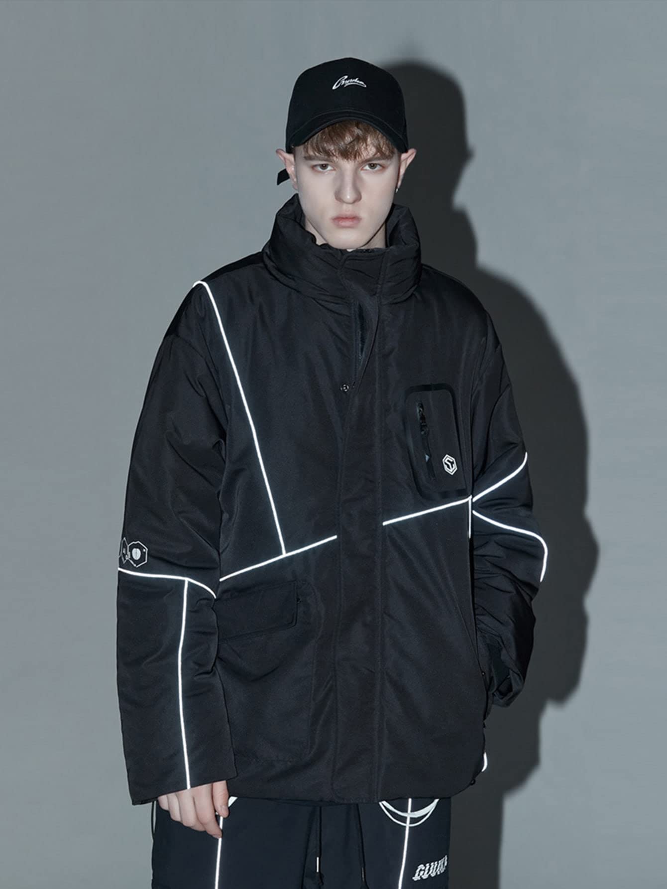 OSHHO Jackets for women - Men Reflective Letter Graphic Contrast Piping Winter Coat (Color : Black, Size : Small)