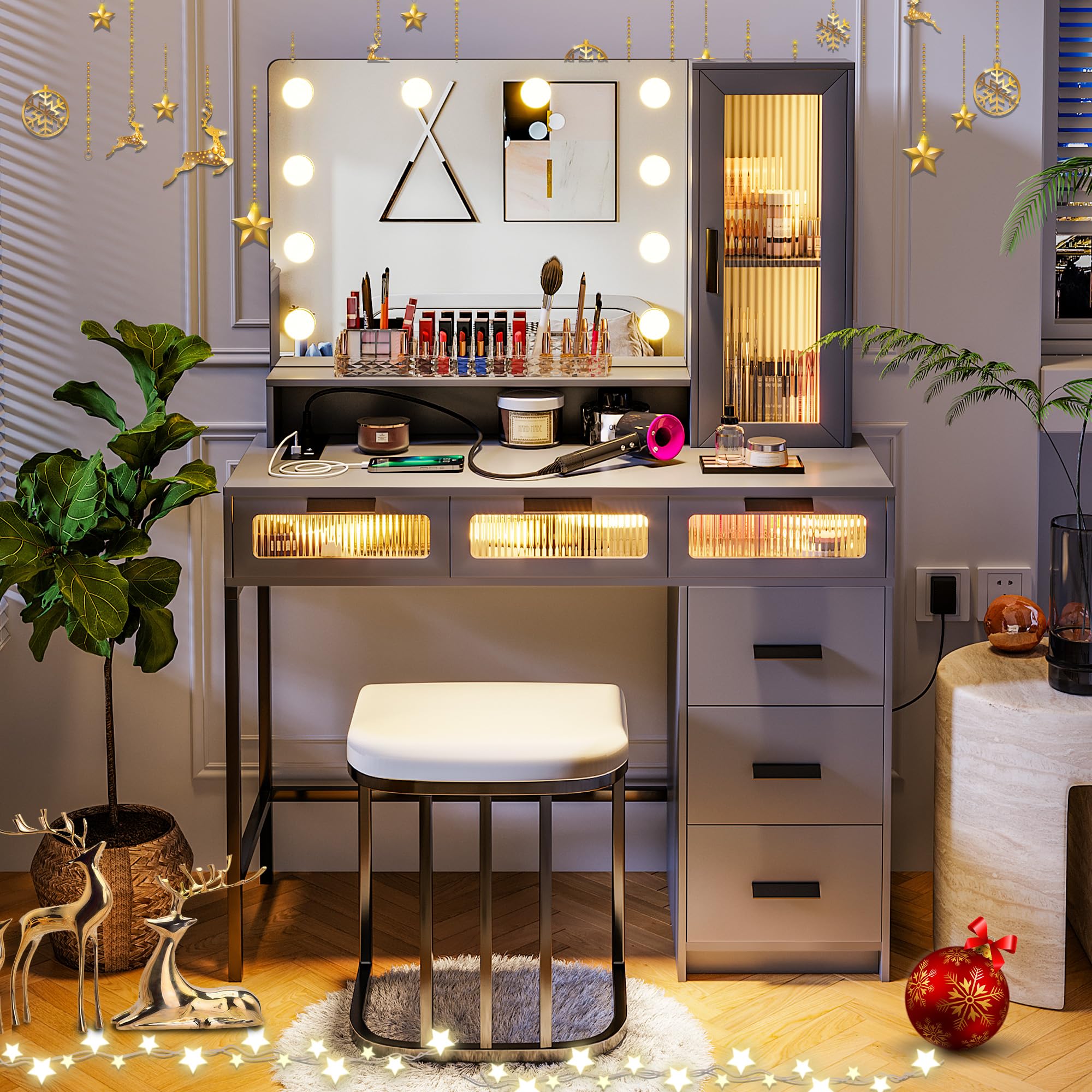 HNEBC Makeup Vanity with Lights, Vanity Makeup Desk with Charging Station,Vanity Table Set with LED Mirror, Vanitys with 6 Drawers/Stool, with Senser Mode Dressing Table, Grey
