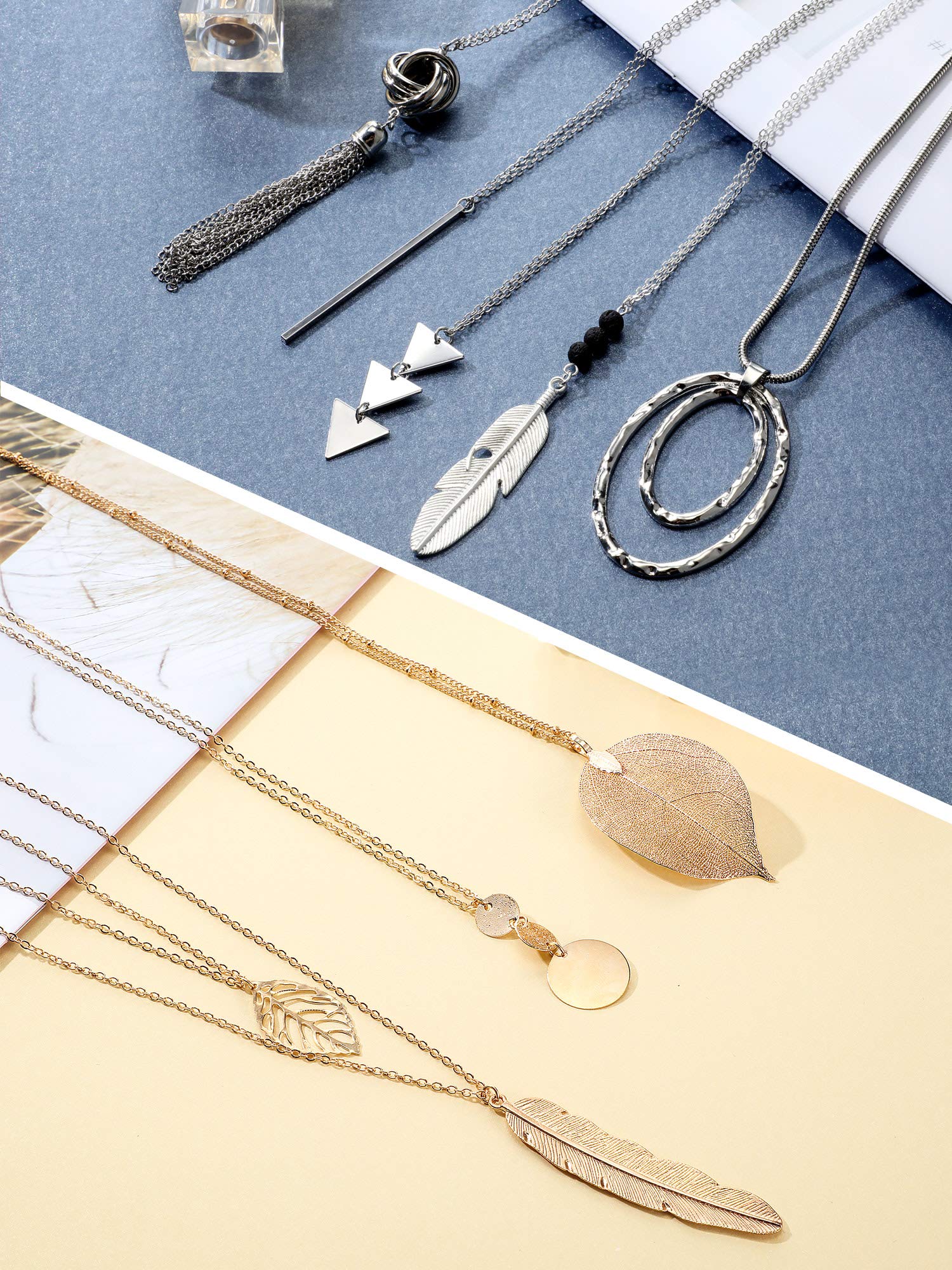Hicarer 12 Pieces Long Pendant Necklace Set Y Tassel Leaf Circle Bar Necklace for Women (Classic Style)