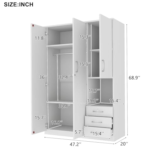 TINIMONI Modern 3-Door Wooden Wardrobe Armoire, Closet Organizer with Shelves, Drawers, and Hanging Rod, Stylish Storage Solution for Bedrooms, White