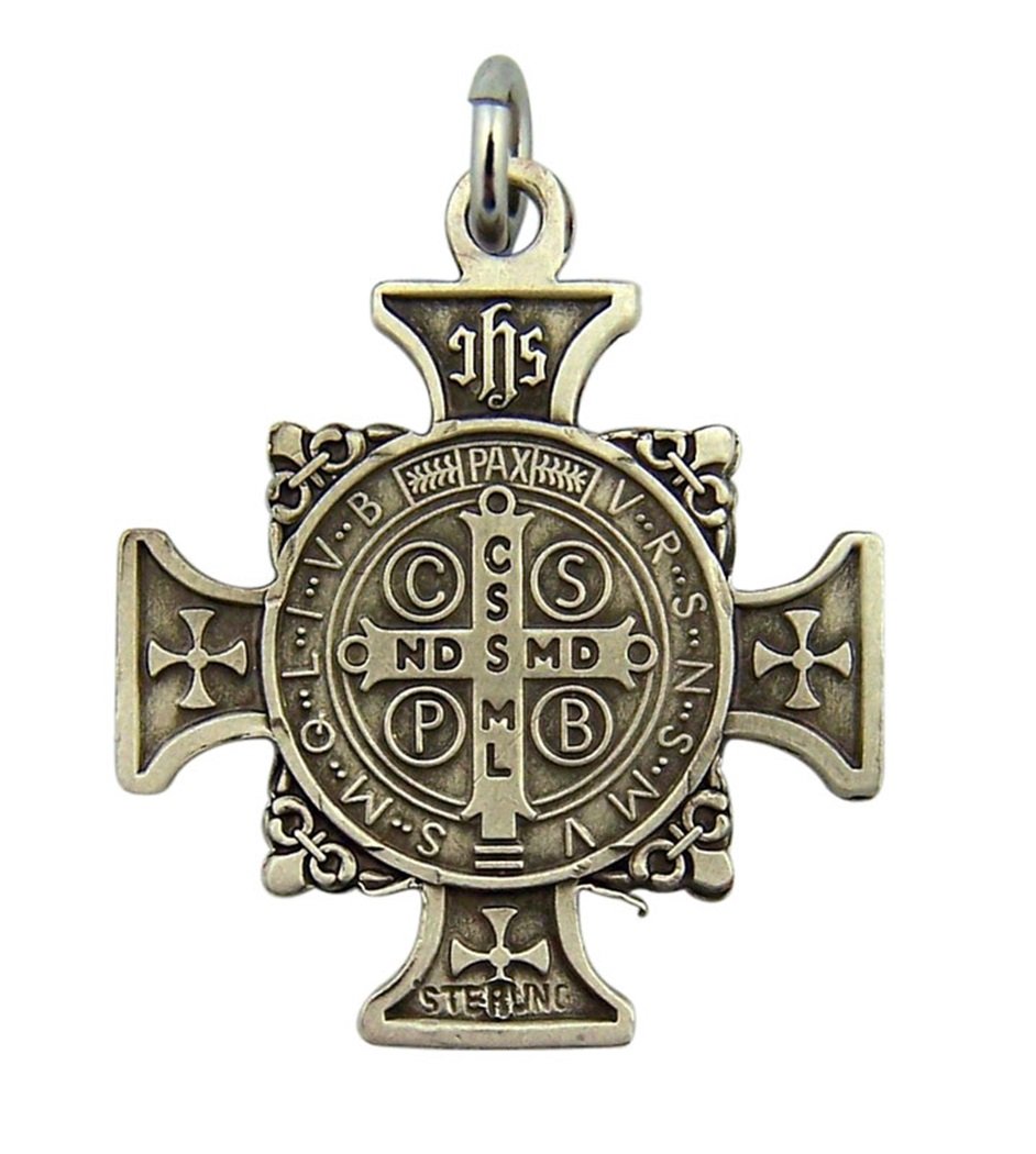 HMHReligiousMfg Sterling Silver Saint Benedict of Nursia Maltese Cross Pendant, 1 Inch