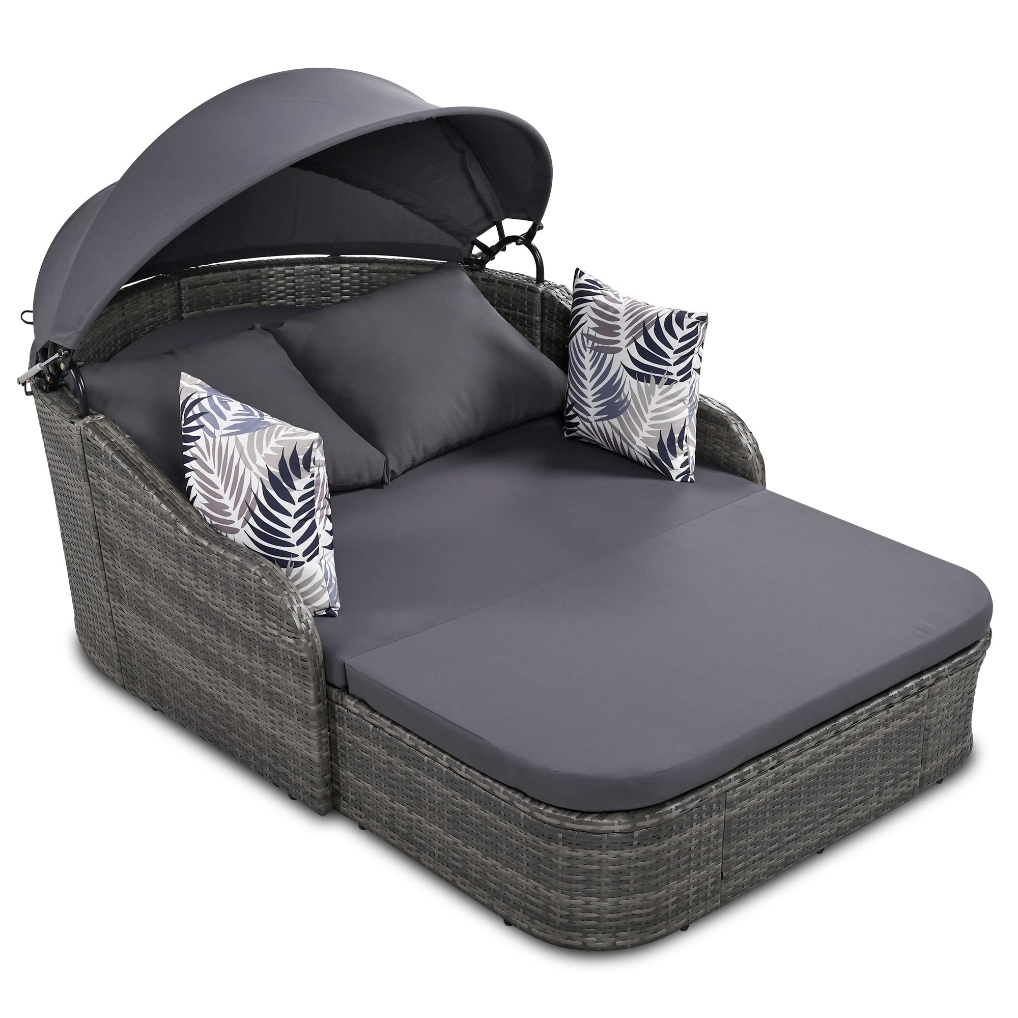 Harper & Bright Designs 79.9" Outdoor Sunbed with Adjustable Canopy, Double Lounge, PE Rattan Daybed, White Wicker, Gray Cushion