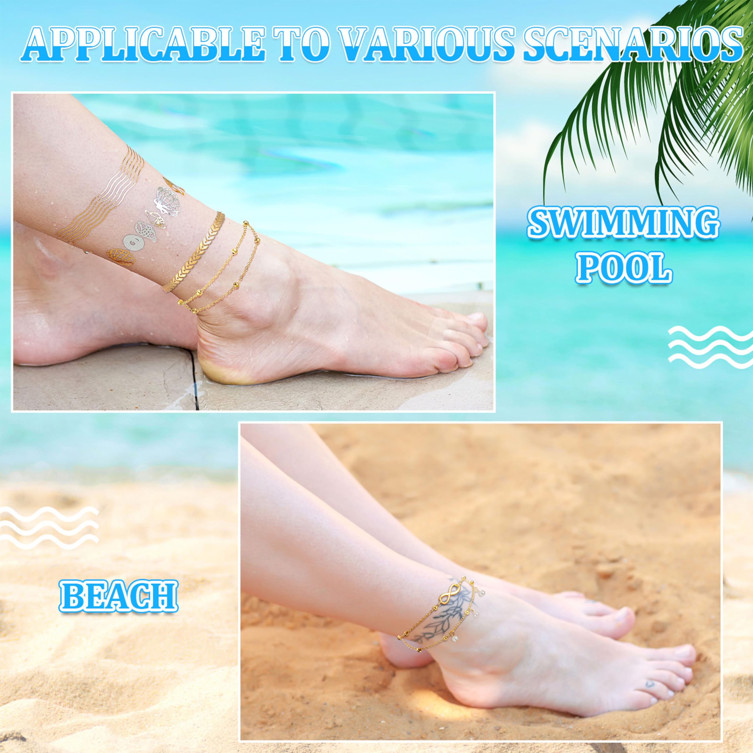 Hicarer 16 Pieces Ankle Bracelets 14K for Women Anklets Set Silver Gold Boho Beach Anklets Foot Chains Adjustable Foot Hand Jewelry Romantic Gift(Gold)