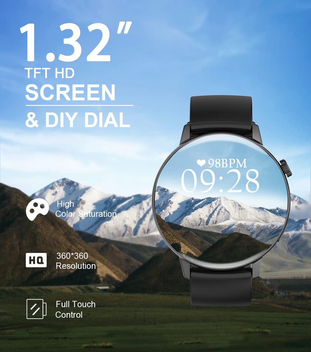 HOK Smart Watch 2023 Bluetooth Call & Text Receive/Dial Smartwatch for Android & iOS Phone with 1.32’ HD Screen Fitness Tracker with Heart Rate Sleep Monitor Pedometer Waterproof for Women Men(Black)