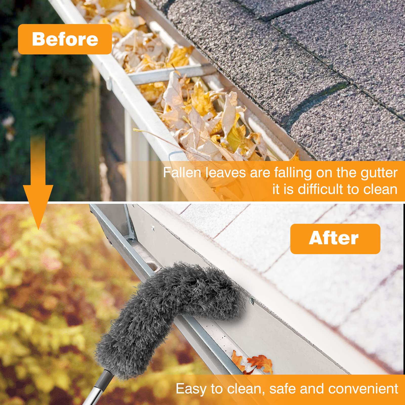 Gutter Cleaning Brush Roofing Tool with Telescopic Extendable Telescopic Pole 8.2ft Guard Cleaner Tool Easy Remove Leaves and Debris from The Groun Gray