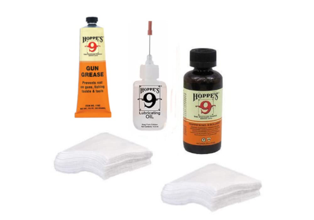 Gun Bore Cleaner, Precision Lubricating Oil, & Gun Grease with 50 Patches and Protective Carry Case for .38, 9mm, 40, 44 and .45 Caliber Handguns/Pistols