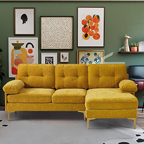 TEKAMON Yellow Sectional Sofa Couch for Living Room, Samll couches for Small Spaces, Chenille Fabric L- Shaped Sofa, Modern Loveseat Sofa with Chaise, Removable Covers，Convertible/Reversible Couch