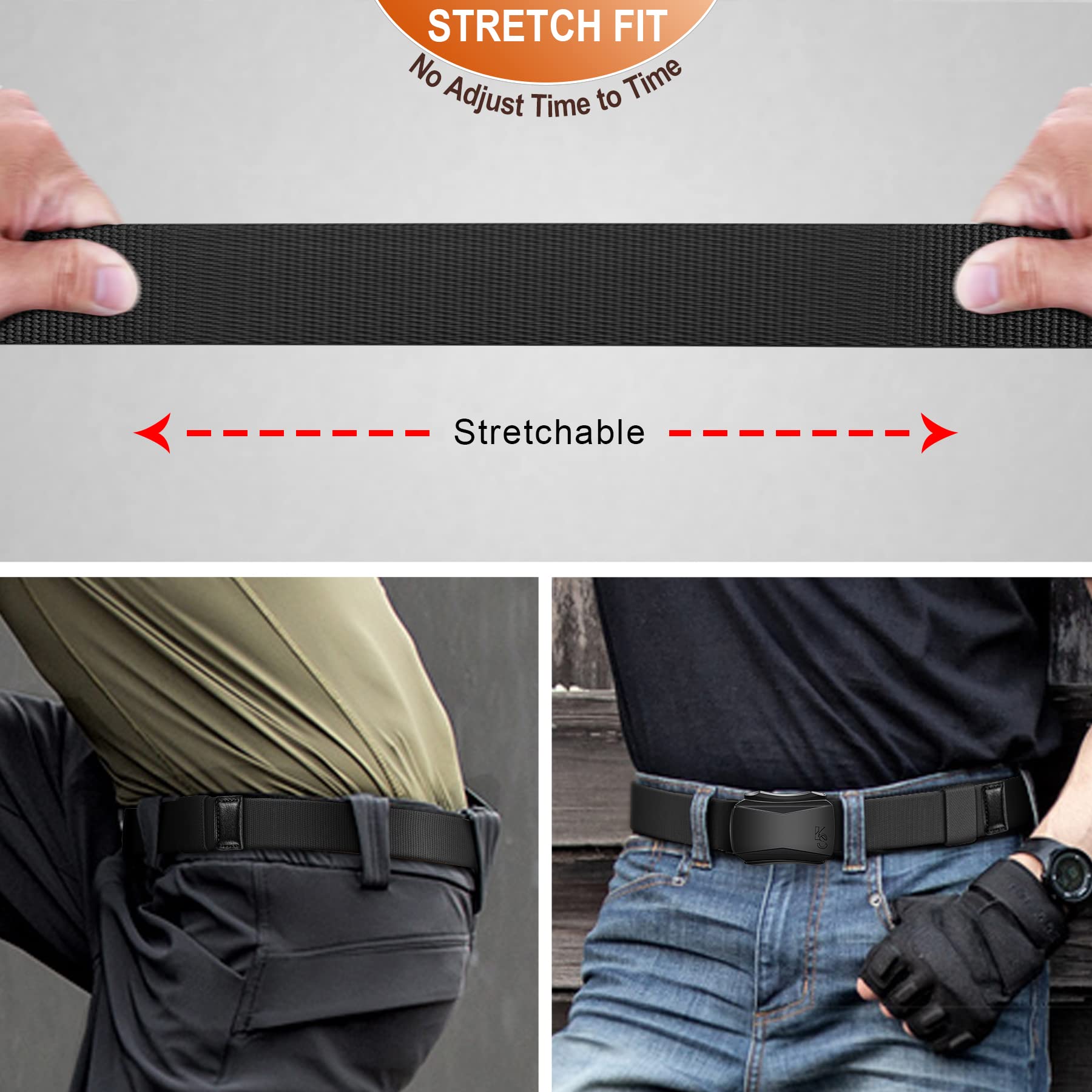 KEMISANT Mens Belt, Military Tactical Stretch Web Nylon Belt For Gift Men Hiking Hunting 1.5",Cut For Fit(Black,30"-34" Waist Adjustable)