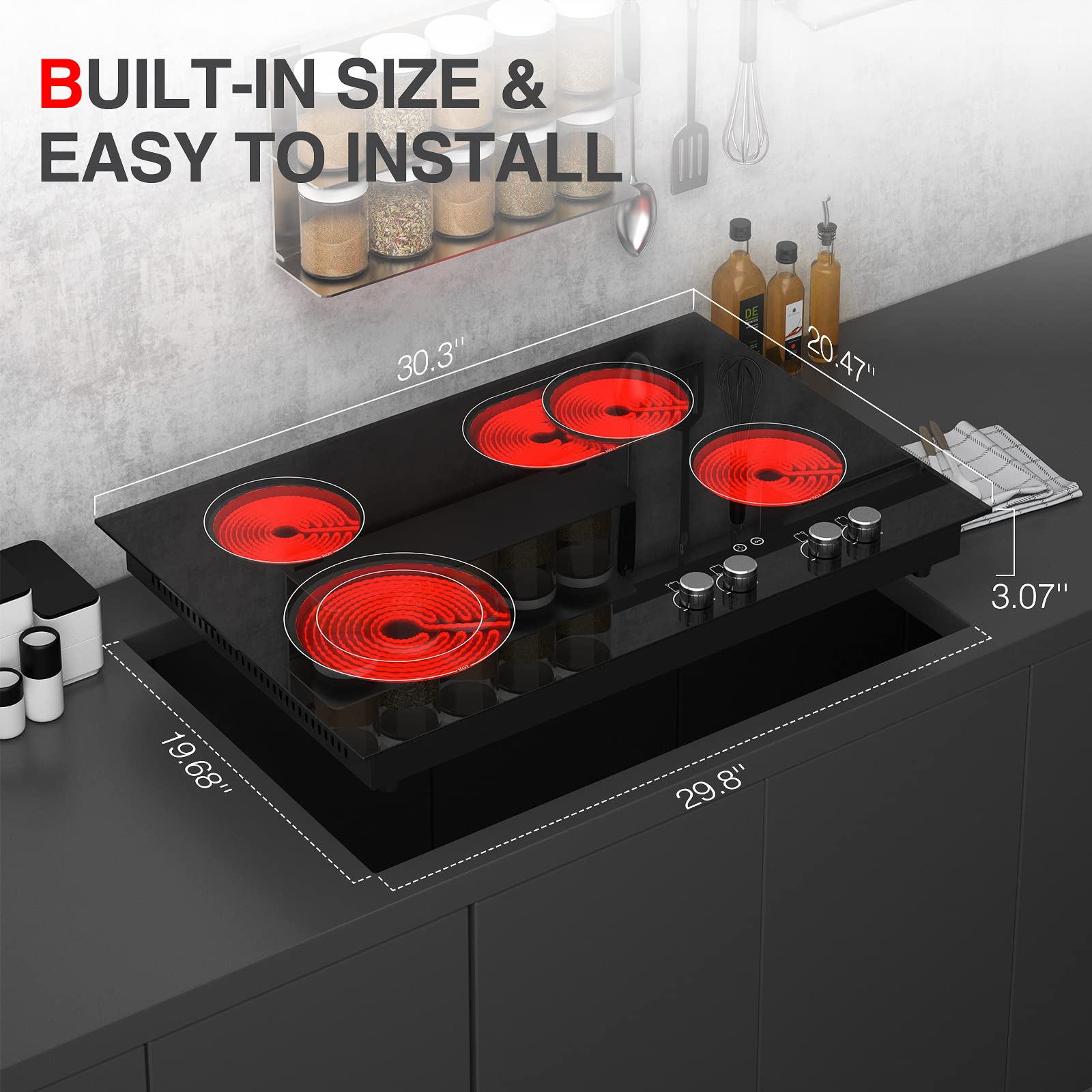 GTKZW Electric Cooktop 30 Inch, 6800W Ceramic Electric Stove Top with 4 Burners 220v, Knob Control, 9 Heating Levels, Kids Lock & Timer, Hot Surface Indicator, Hardwired, no Plug