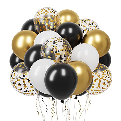 RUBFAC 65pcs 12 Inches Black Gold Confetti Balloons Kit, Metallic Gold and Black White Party Balloons with Ribbons for Birthday, Wedding, Baby Shower, Graduation Decorations